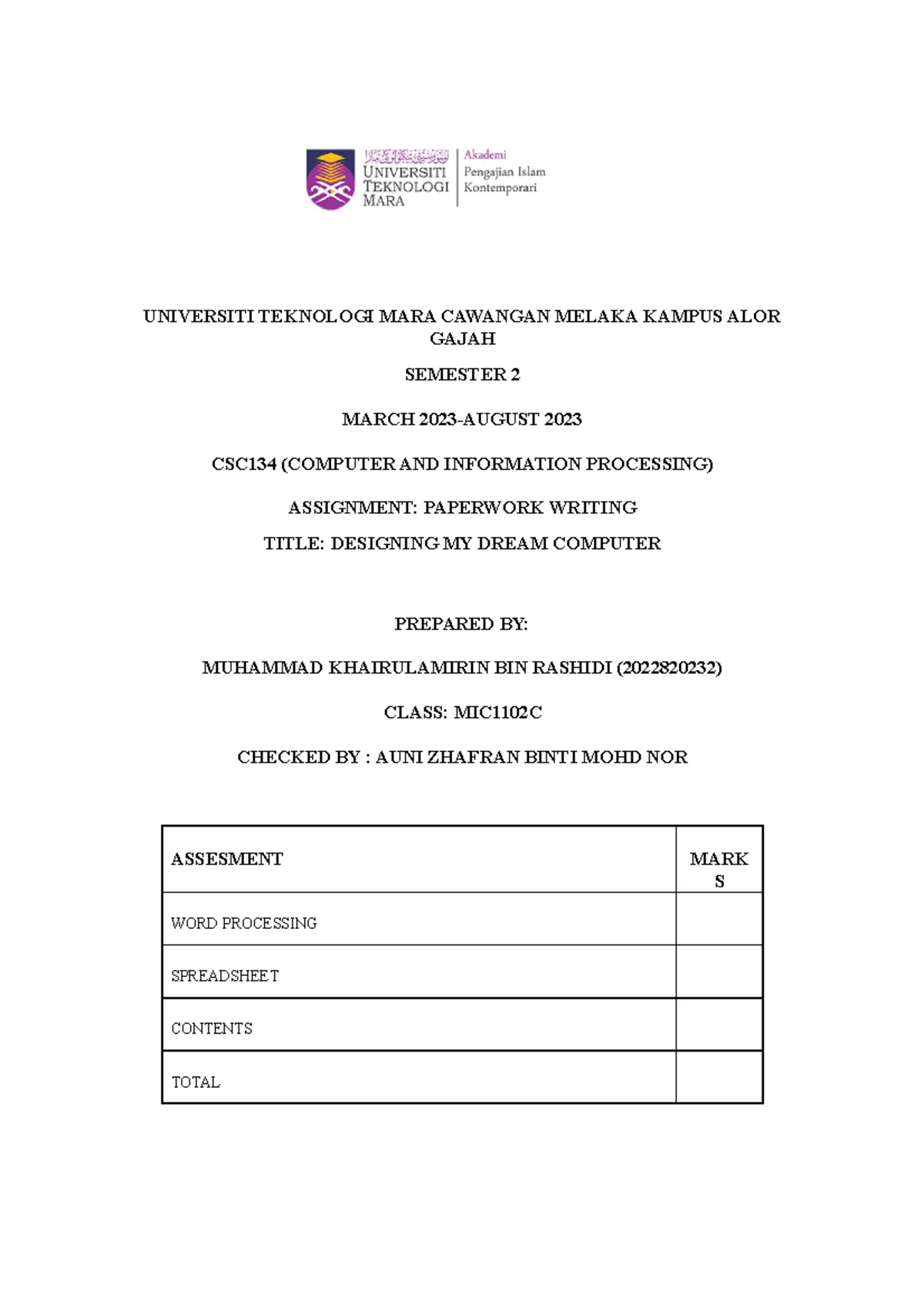 CSC Assignment Indivudu ( Selesai) (1) - UNIVERSITI TEKNOLOGI MARA ...