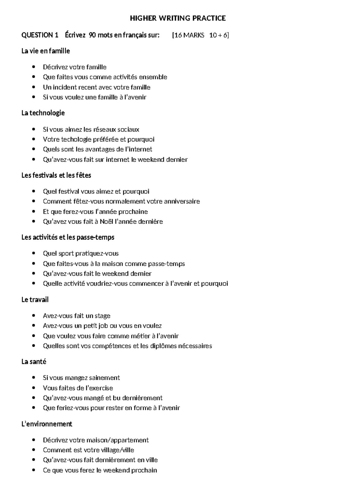 Higher- Writing- Practice French GCSE - HIGHER WRITING PRACTICE ...