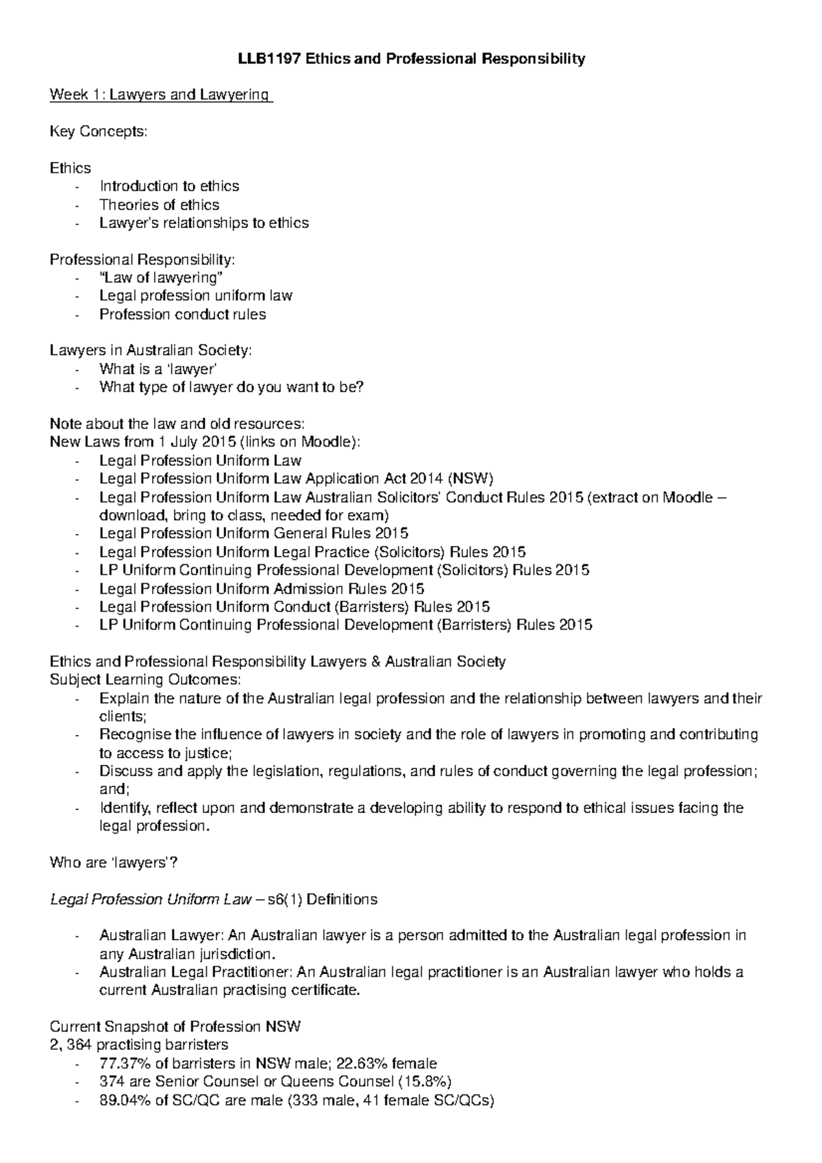 LLB1197 Notes - LLB1197 Ethics and Professional Responsibility Week 1 ...