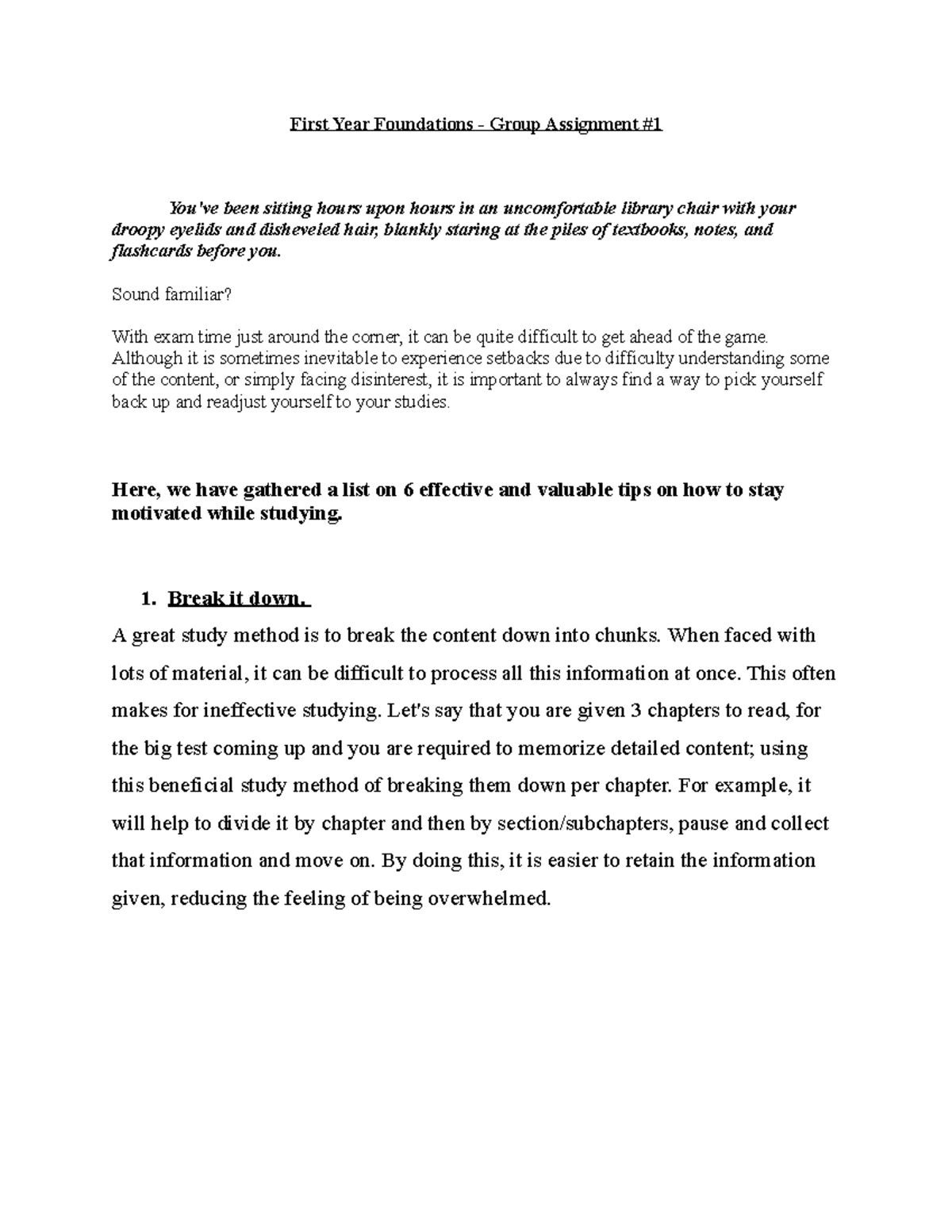 Group assignment word doc + references - First Year Foundations - Group ...