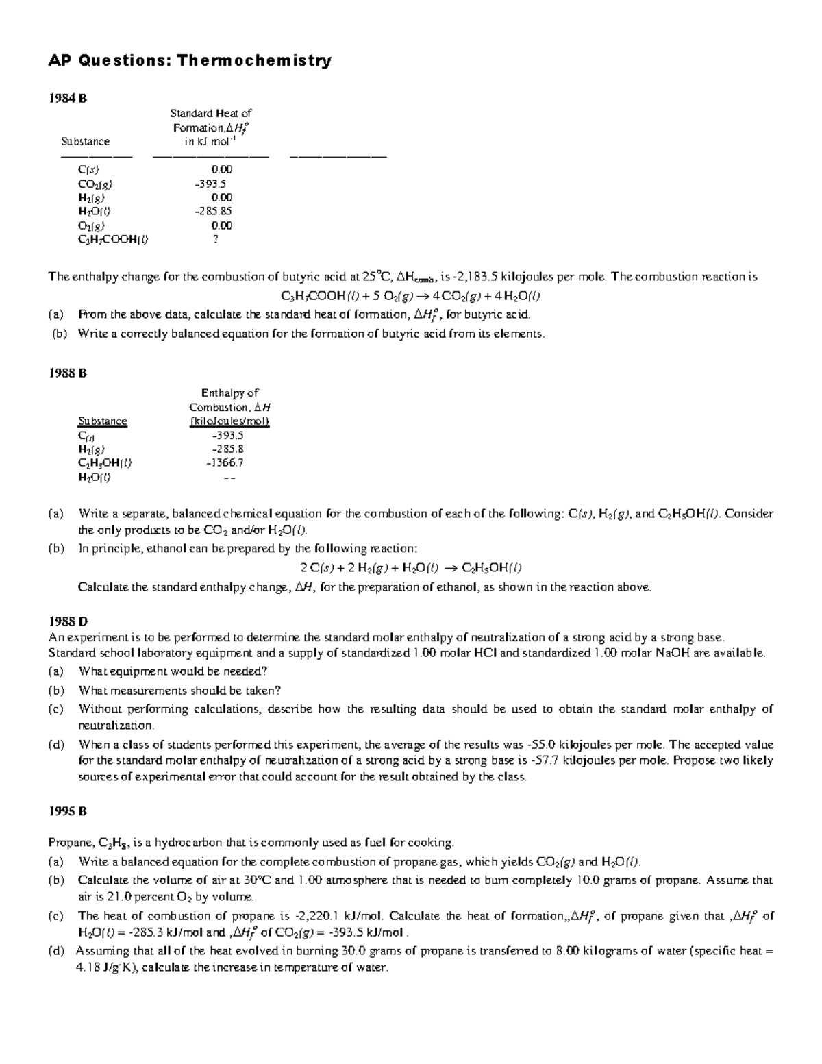 Thermochemistry Questions cleaned up - AP Questions: Thermochemistry ...