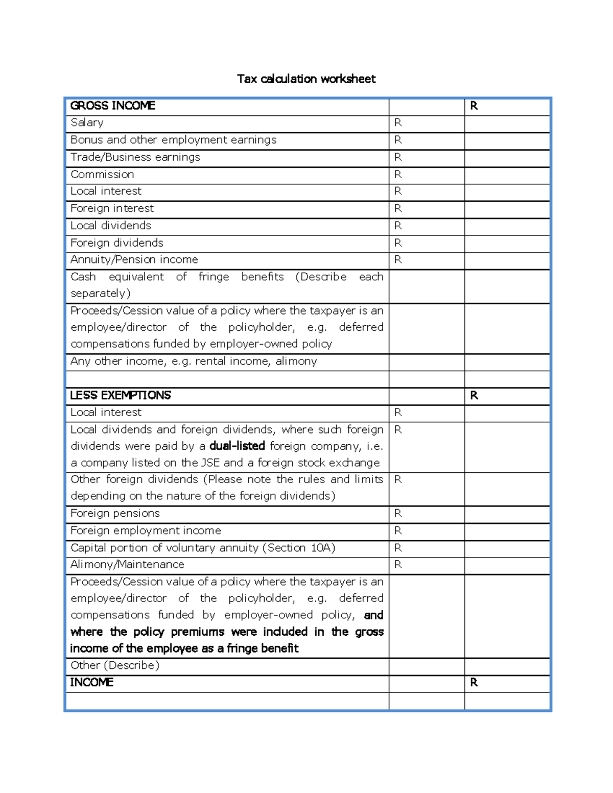 Tax calculation worksheet - Tax calculation worksheet GROSS INCOME R ...