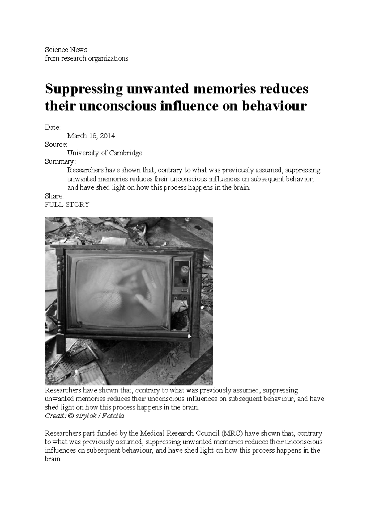 Suppressing Unwanted Memories - Science News from research ...