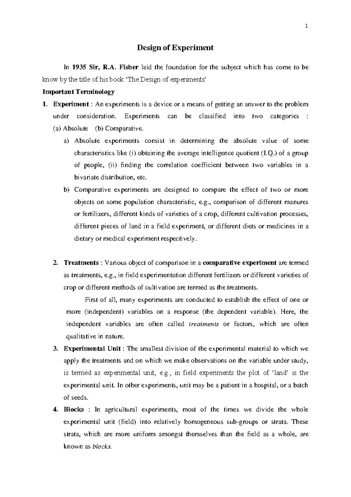 1.design theoey - Design of Experiment In 1935 Sir, R. Fisher laid the ...