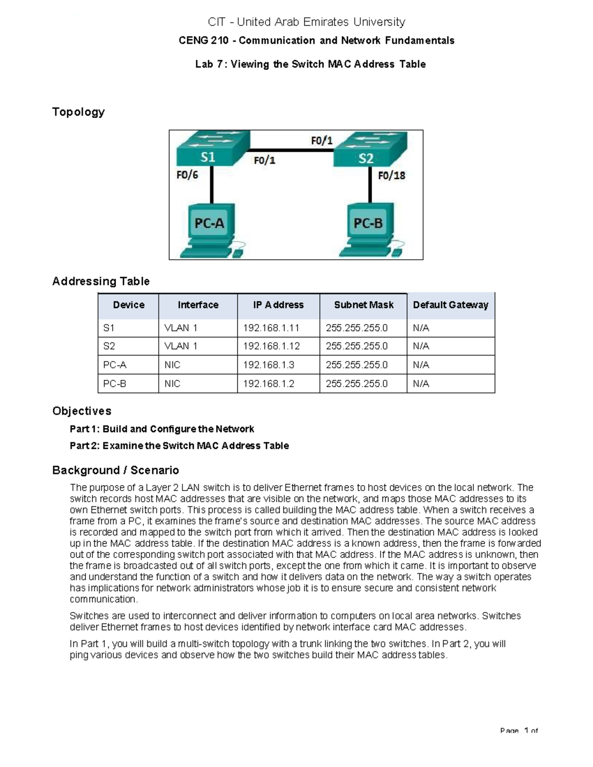 Data Com Fall 2024 LAB7 - solve - LabSource: – Vi Ciscoewing Academy the S Curriculumwitch MAC ...