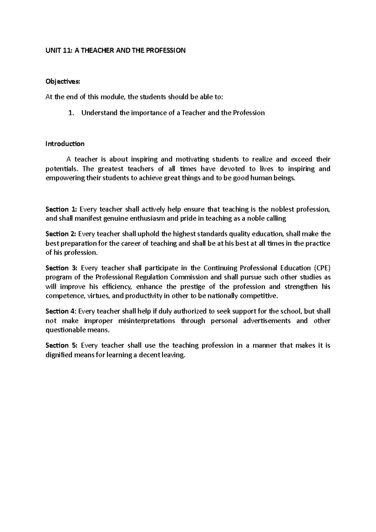 UNIT 11 - assignment - UNIT 11: A THEACHER AND THE PROFESSION ...