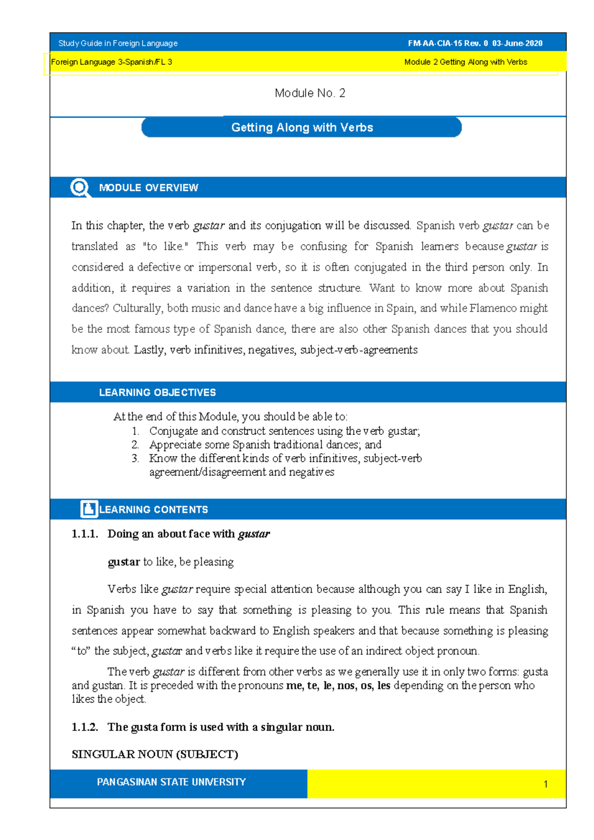 Spanish Module 2 1 - Getting Along with Verbs PANGASINAN STATE ...