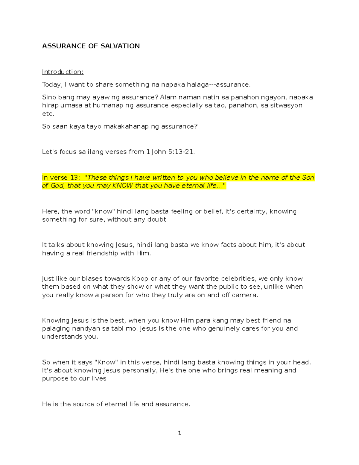 Assurance OF Salvation Presentation Script - ASSURANCE OF SALVATION Introduction: Today, I want ...