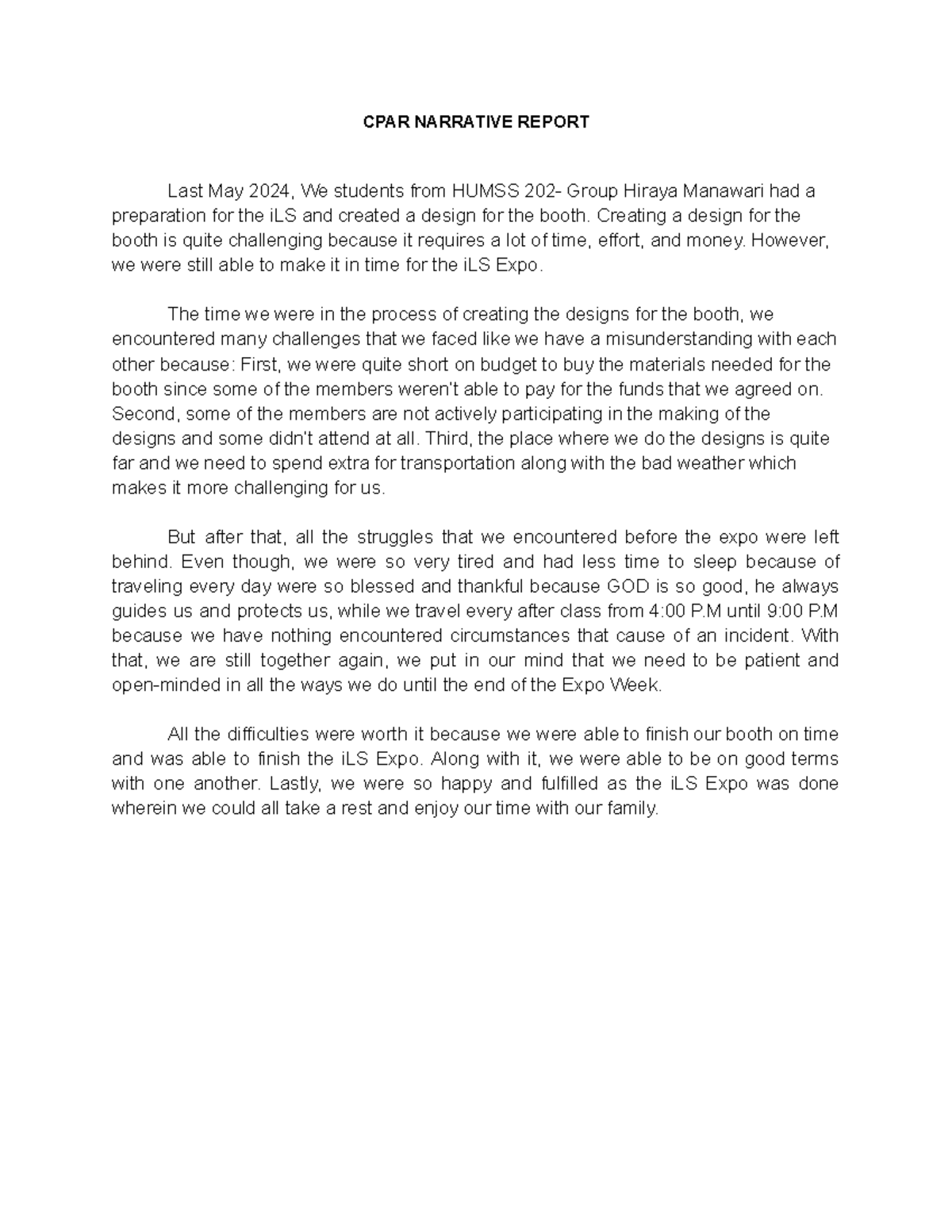 CPAR Narrative Report - CPAR NARRATIVE REPORT Last May 2024, We students from HUMSS 202- Group ...