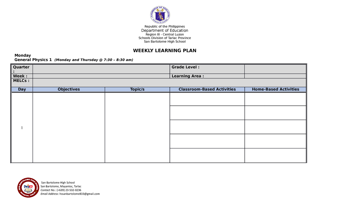 Weekly Learning PLAN - WHLP - Republic of the Philippines Department of ...