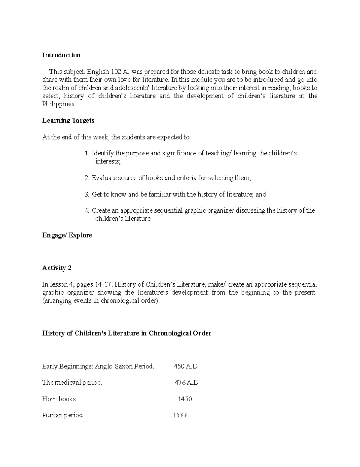 The Place of Literature in a Child’s Life - Introduction This subject ...