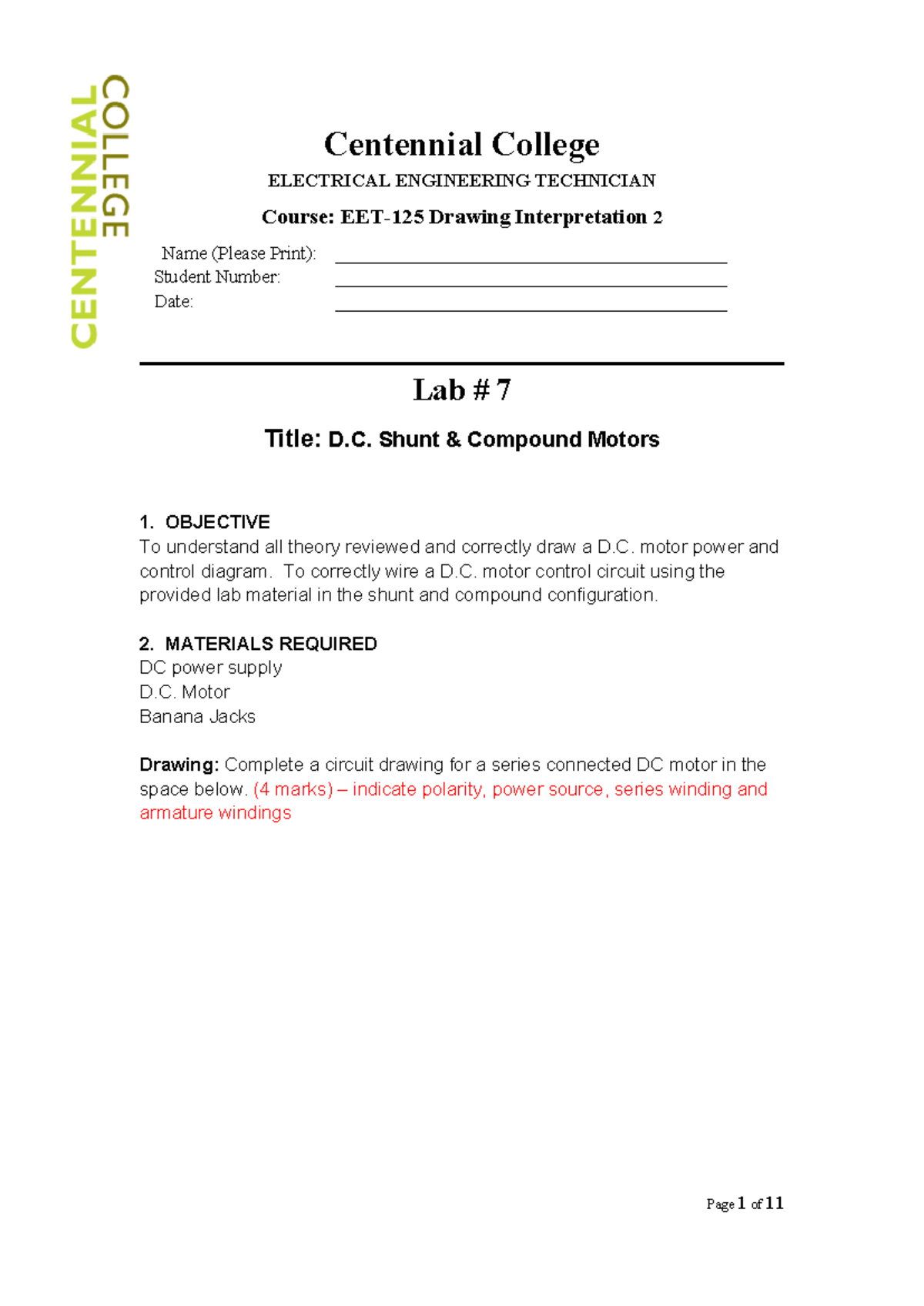 Lab 7 DC Shunt & Compound Motor Lab - Centennial College ELECTRICAL ENGINEERING TECHNICIAN ...