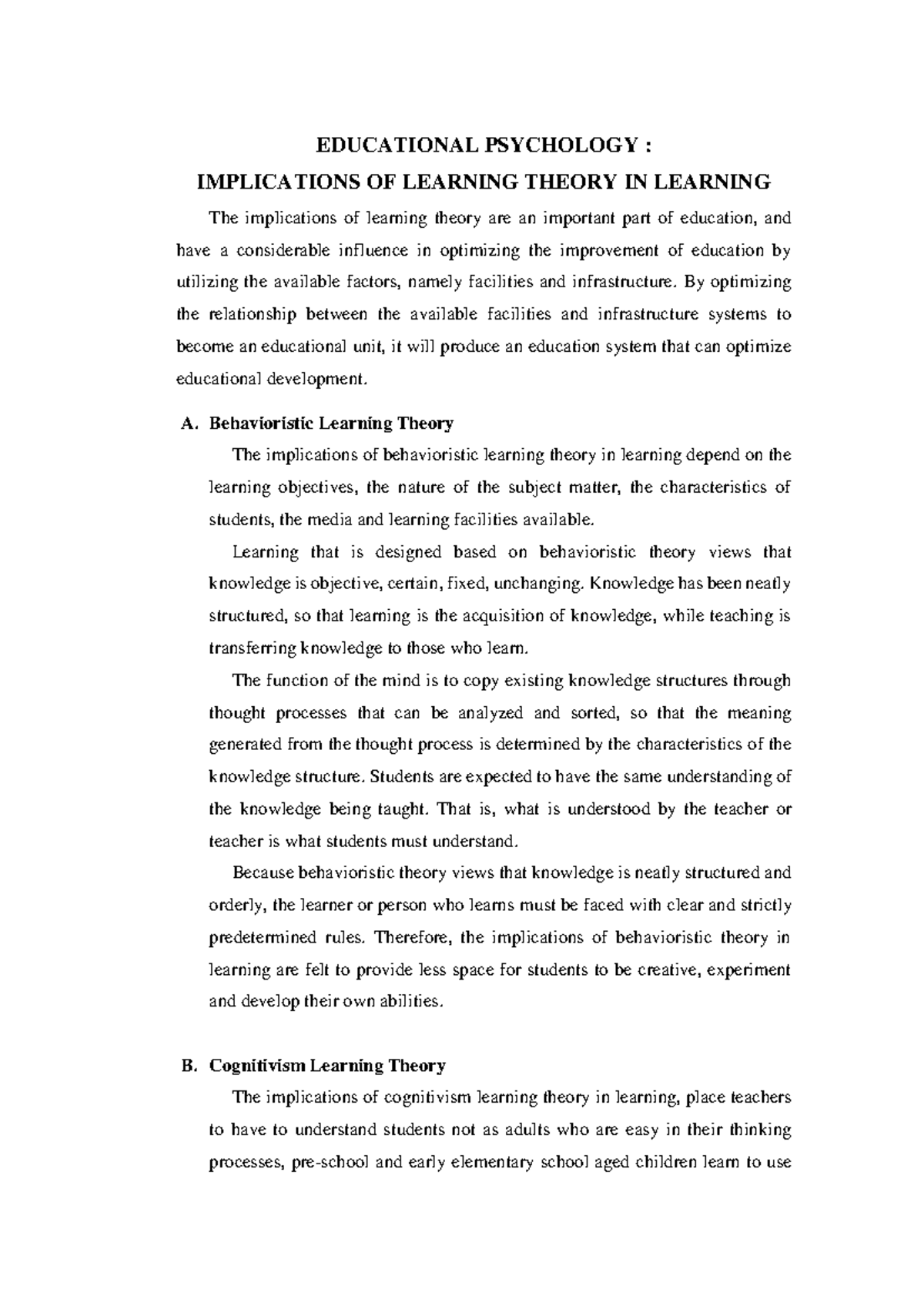 Educational Psychology Implications Of Learning Theory In Learning ...