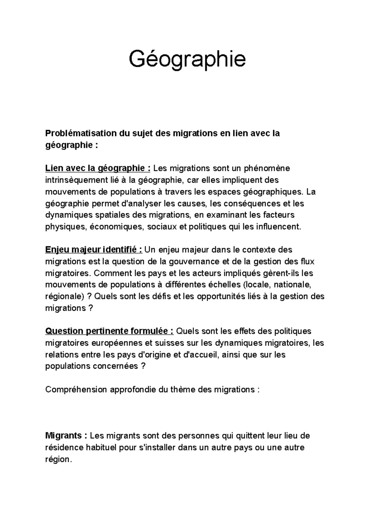 Géographie - Géographie Problématisation du sujet des migrations en ...