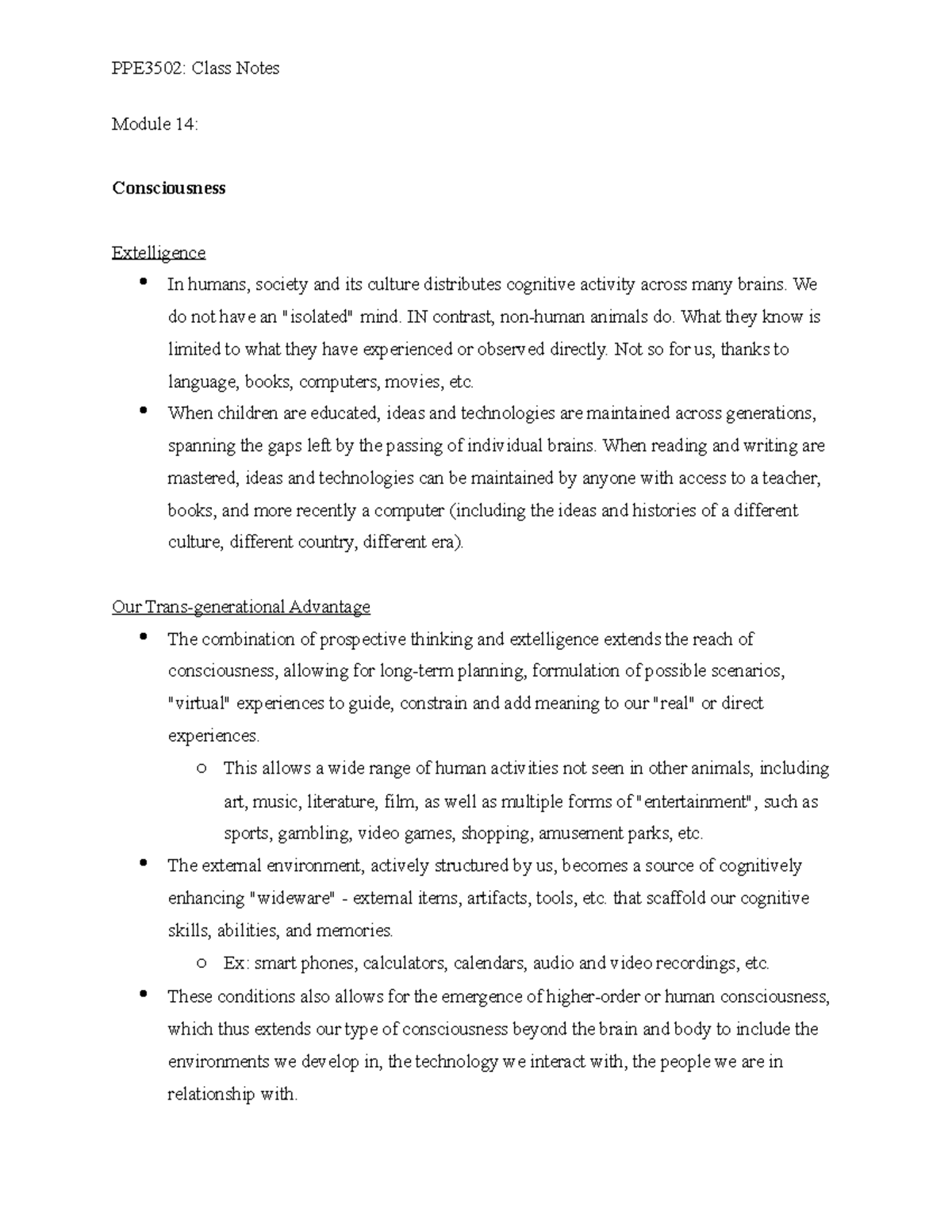 PPE3502-Module 14Notes - PPE3502: Class Notes Module 14: Consciousness ...