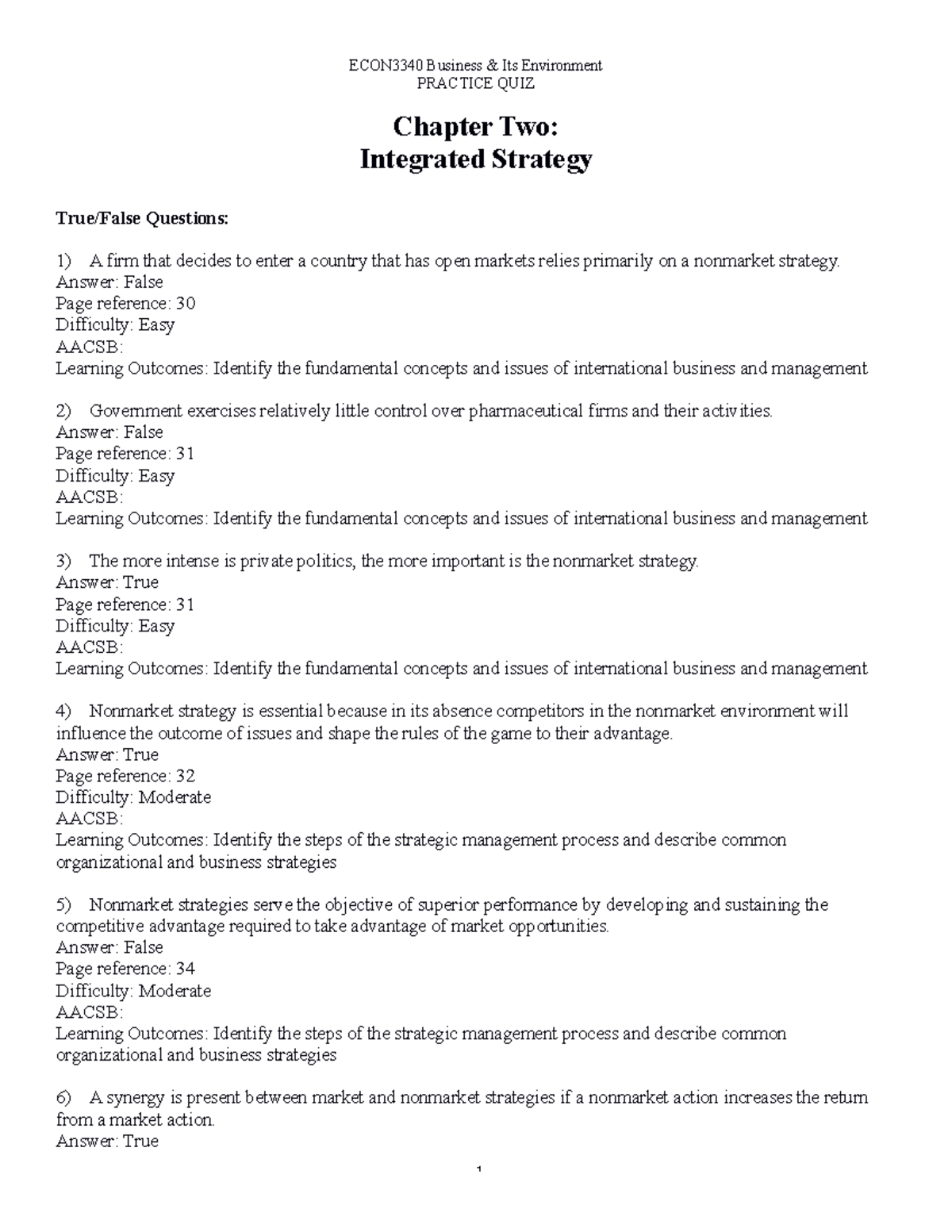 Ch 2 Practice Quiz with KEY - PRACTICE QUIZ Chapter Two: Integrated Strategy True/False ...