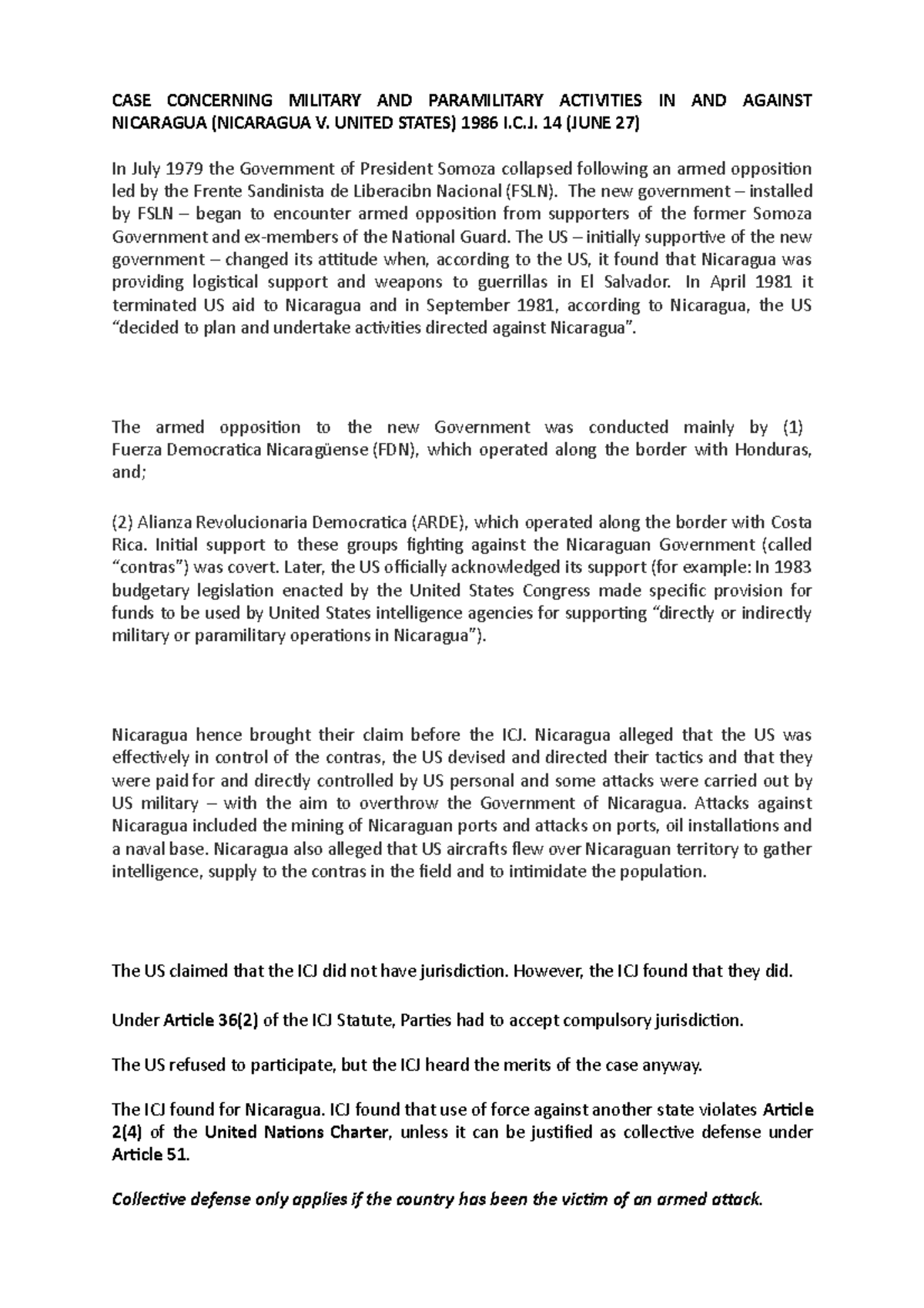 CASE Concerning Military AND Paramilitary Activities IN AND Against ...