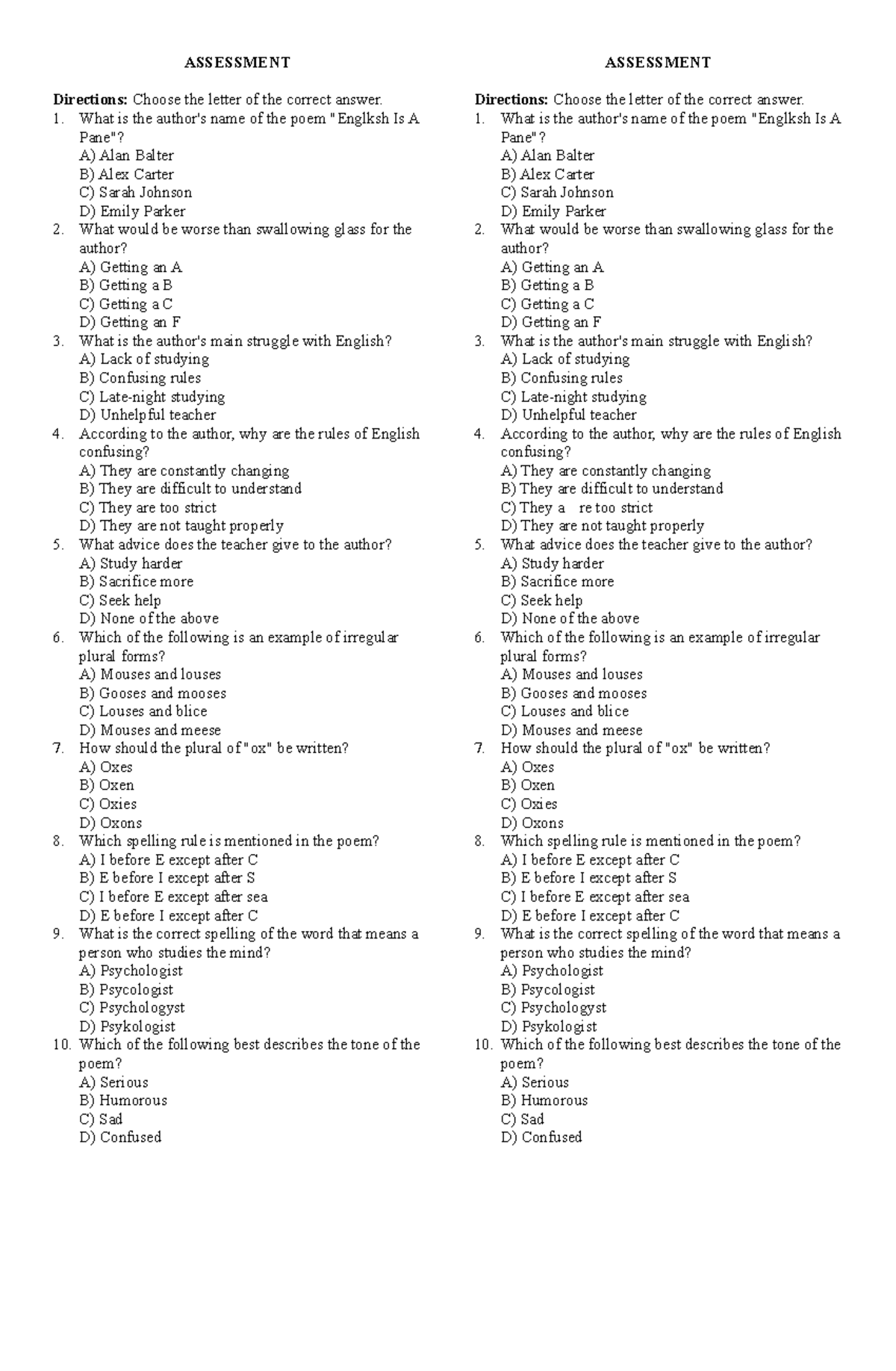 Assessment - ASSESSMENT Directions: Choose the letter of the correct ...