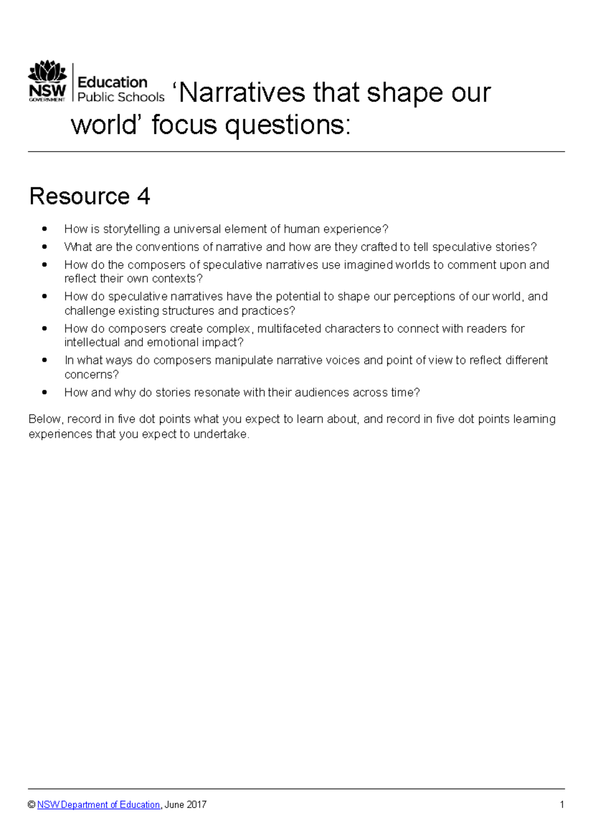 English advanced year 11 stories of speculation resource 4 module a ...