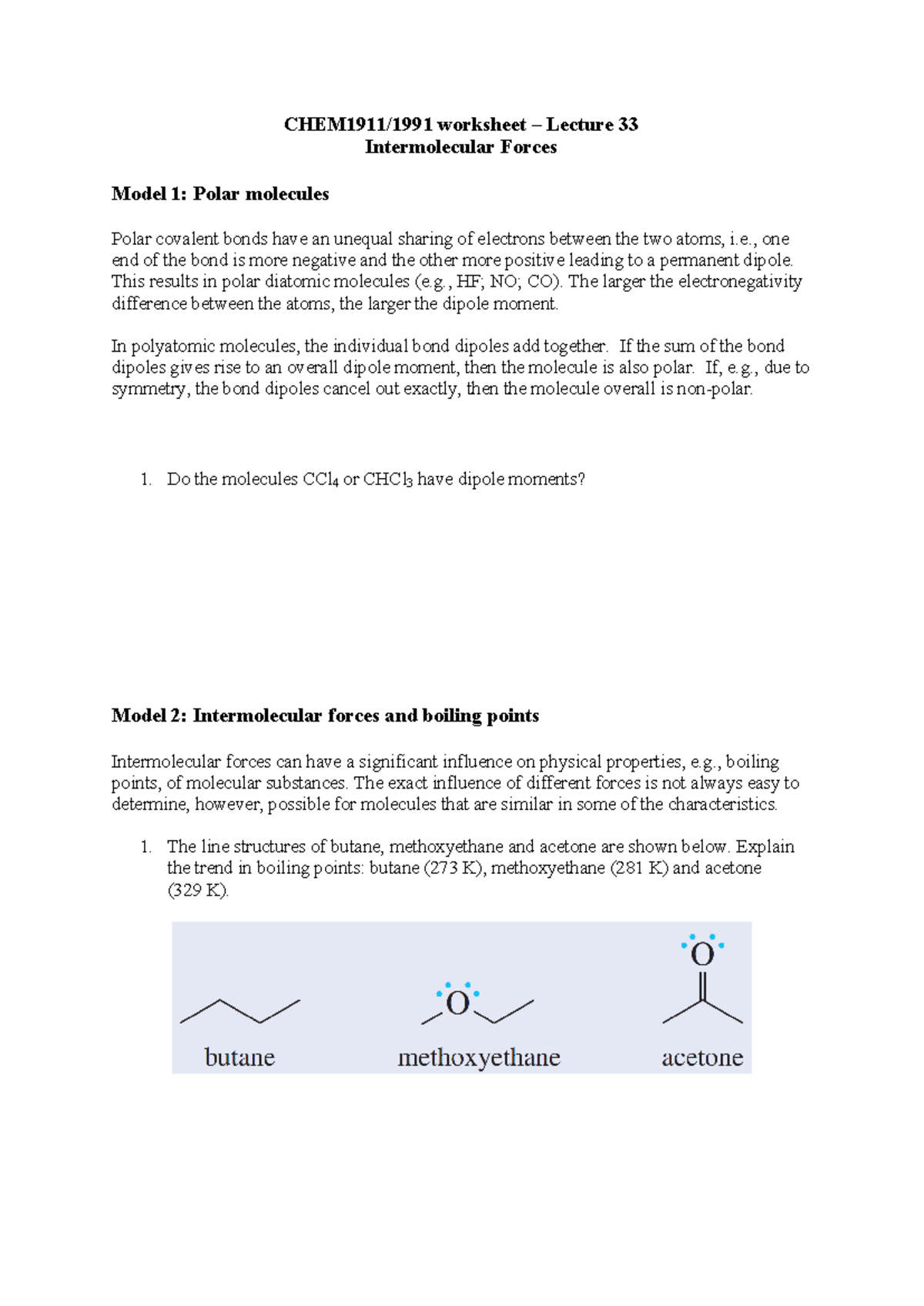 Worksheet 33 - CHEM1911/1991 worksheet – Lecture 33 Intermolecular ...