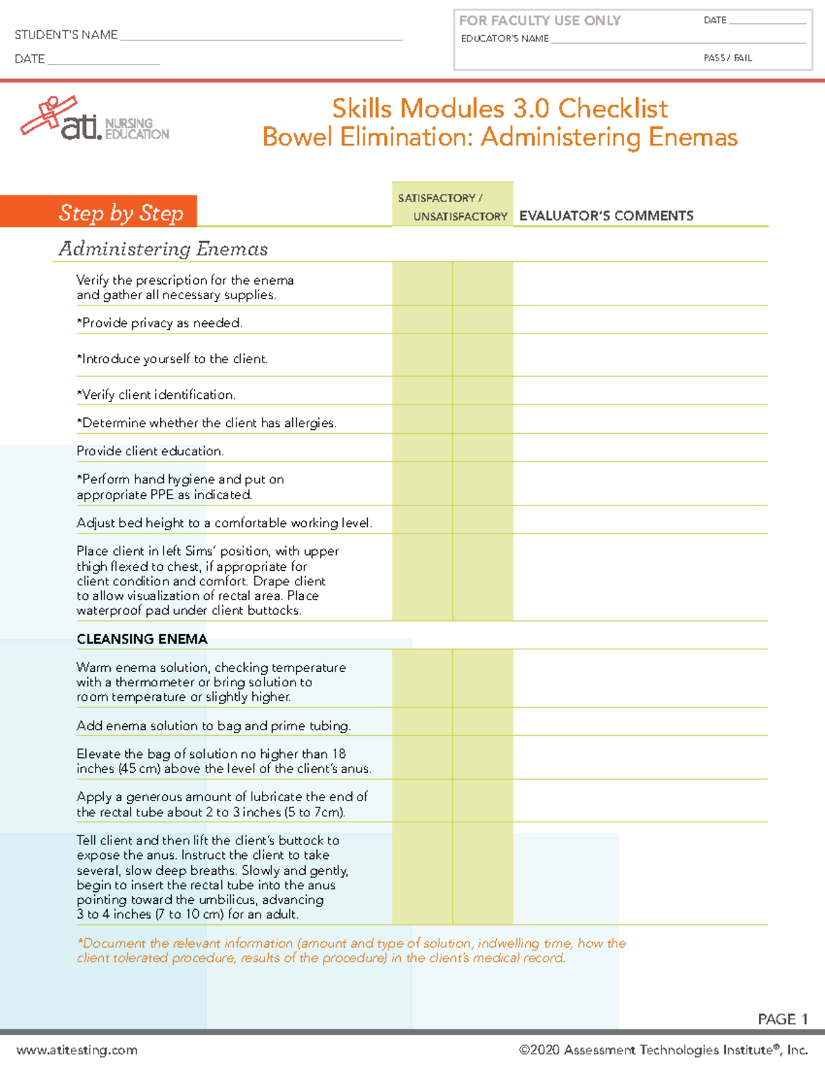 Skills Checklist Bowel Enema - 128 - Studocu