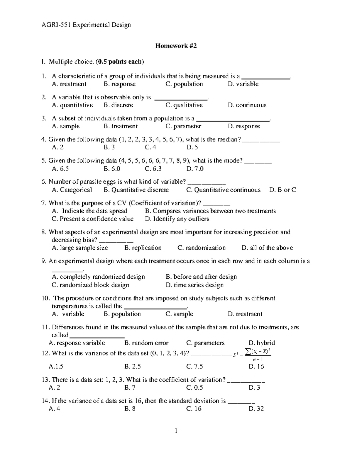 experimental design homework 2 - AGRI-551 Experimental Design 1 ...