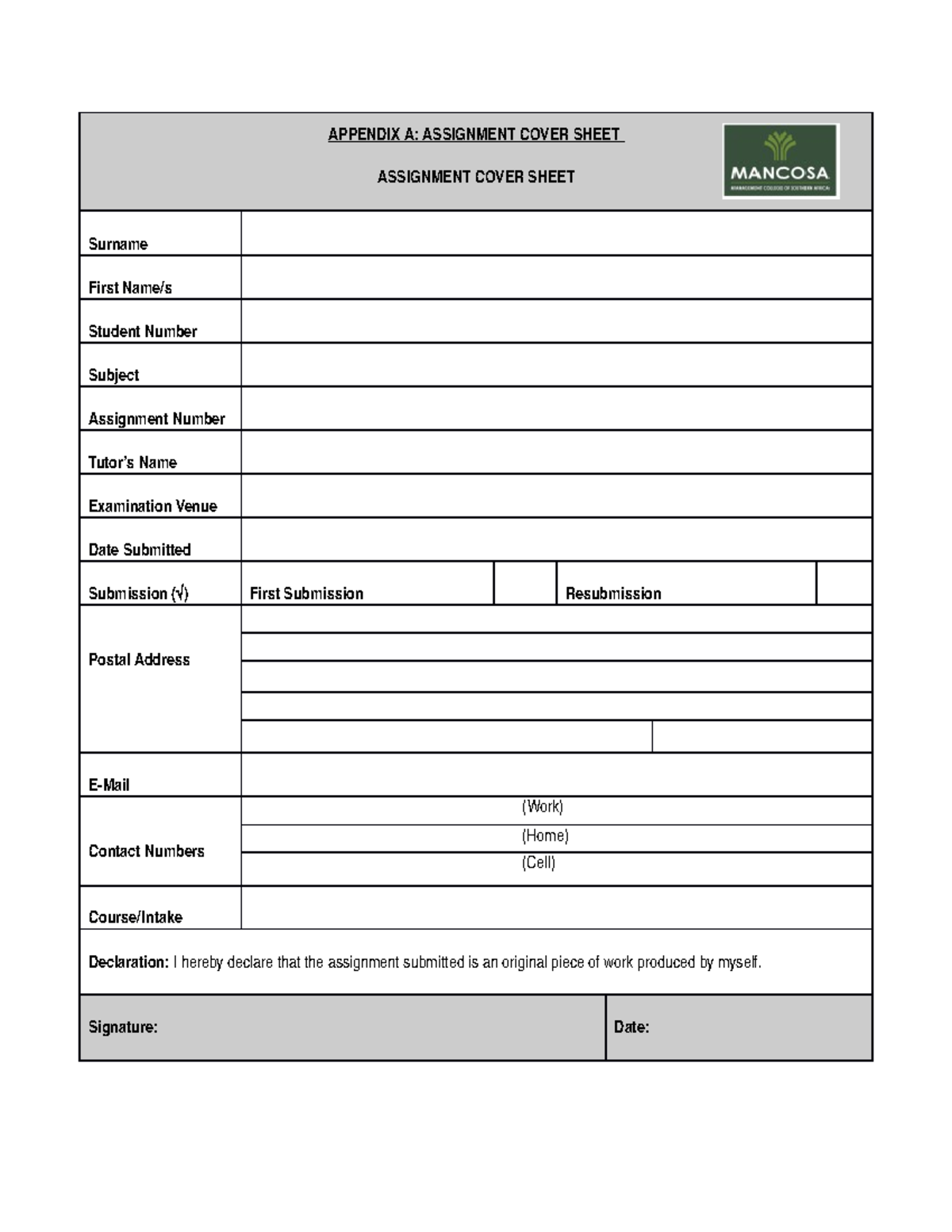 Principles of Project Management - APPENDIX A: ASSIGNMENT COVER SHEET ...