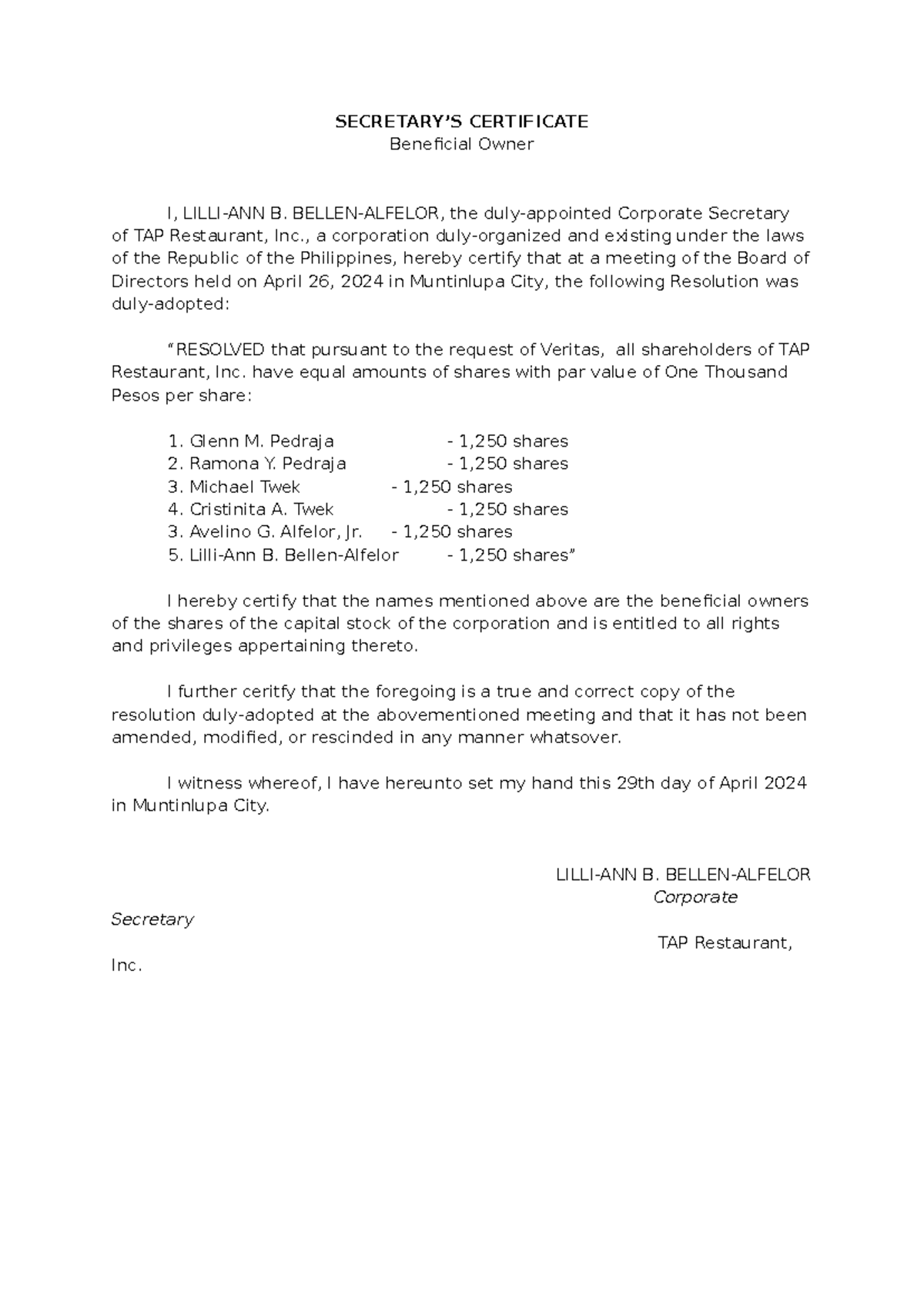 Secretary’s Certificate - Beneficial Owner - SECRETARY’S CERTIFICATE ...