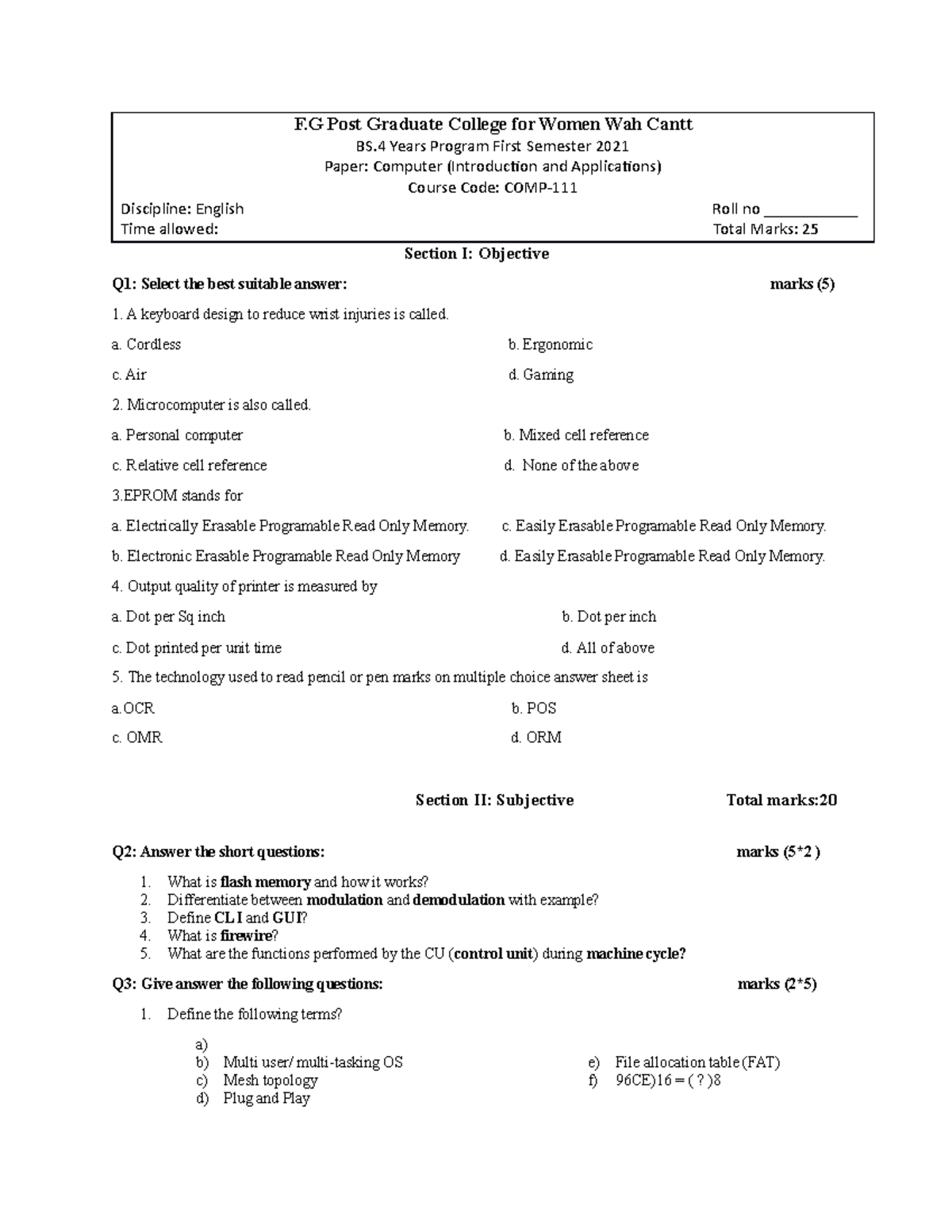 Computer science paper - F Post Graduate College for Women Wah Cantt BS ...