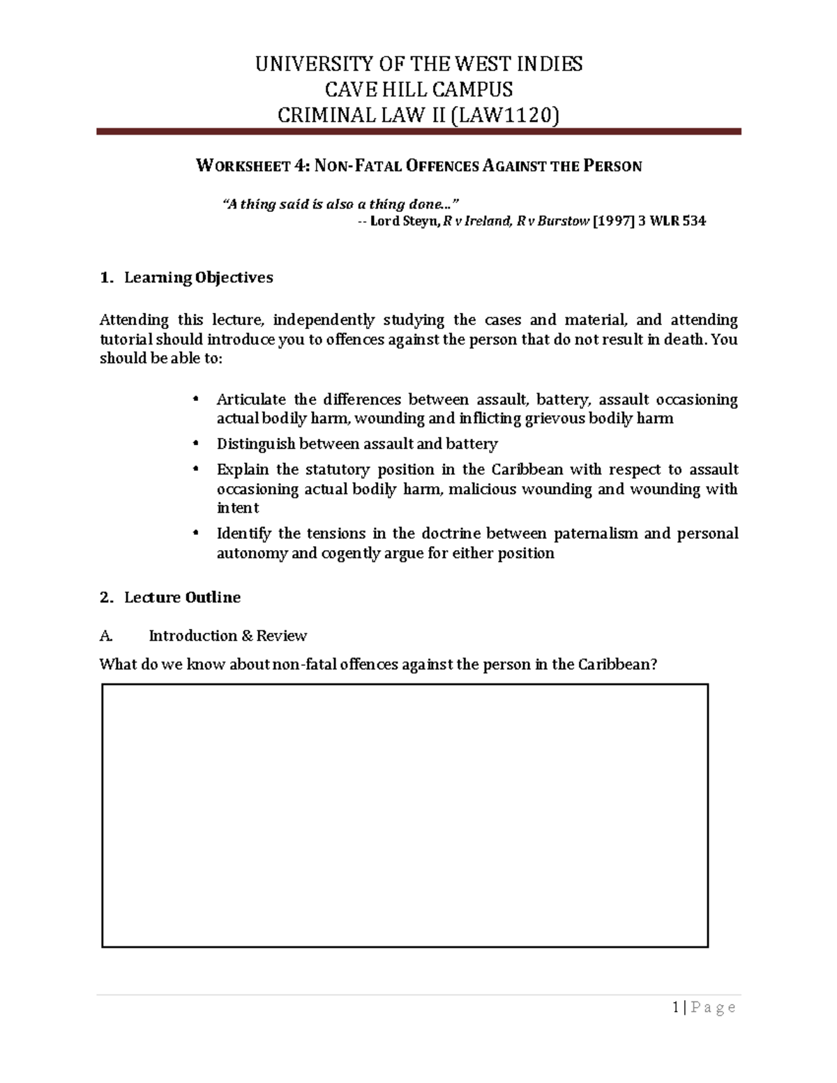 Criminal Law II Worksheet 4 - Non-Fatal Offences Against the Person ...