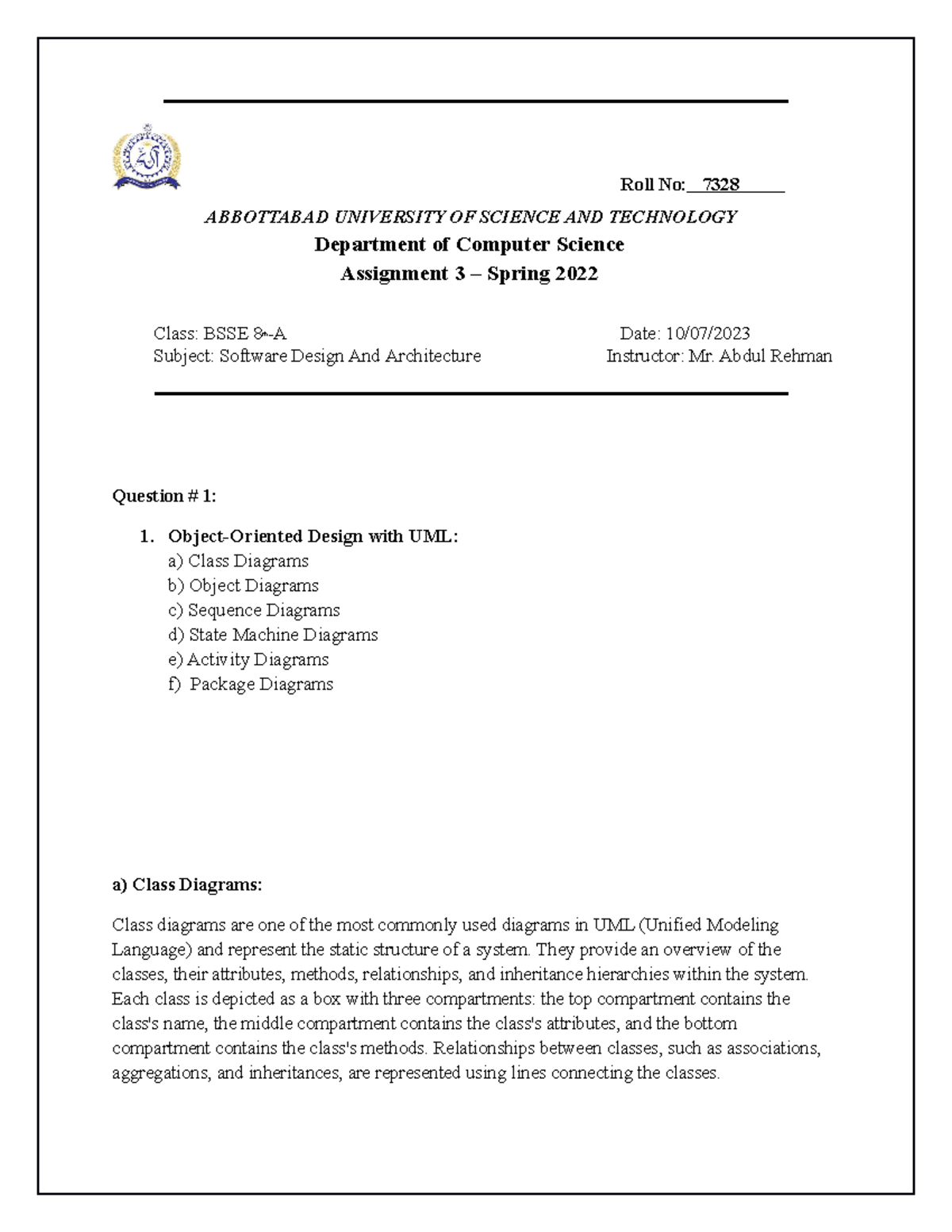 Assigment 3 - Software Design And Arctictur - Roll No: 7328 ABBOTTABAD ...