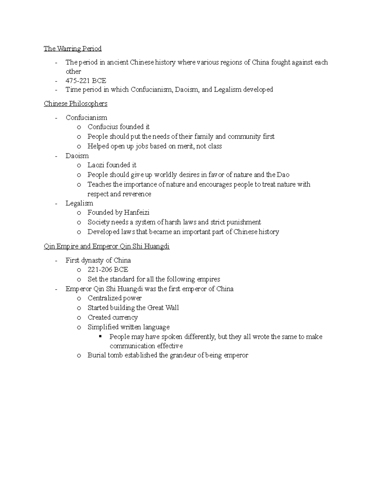 Chinese Dynasties Notes - The Warring Period The period in ancient ...