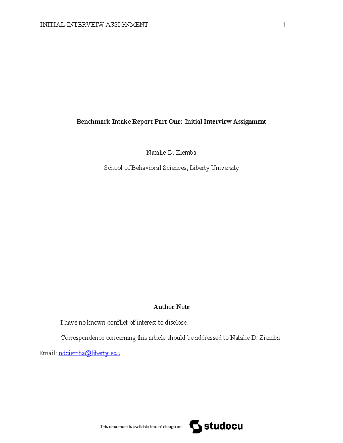 Initial intake model - Benchmark Intake Report Part One: Initial Interview Assignment Natalie D ...