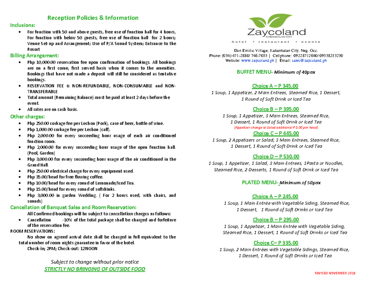 Plated Buffet Revised 2019 - Reception Policies & Information ...