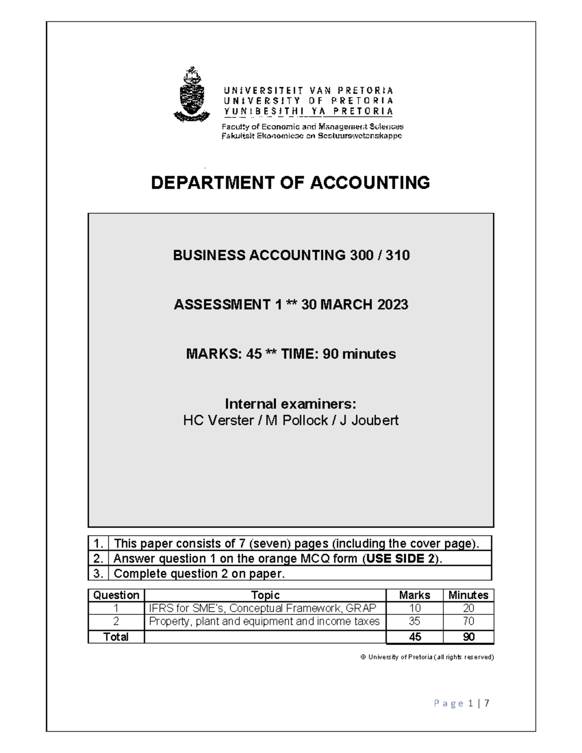 A1 2023 Question paper - DEPARTMENT OF ACCOUNTING BUSINESS ACCOUNTING ...