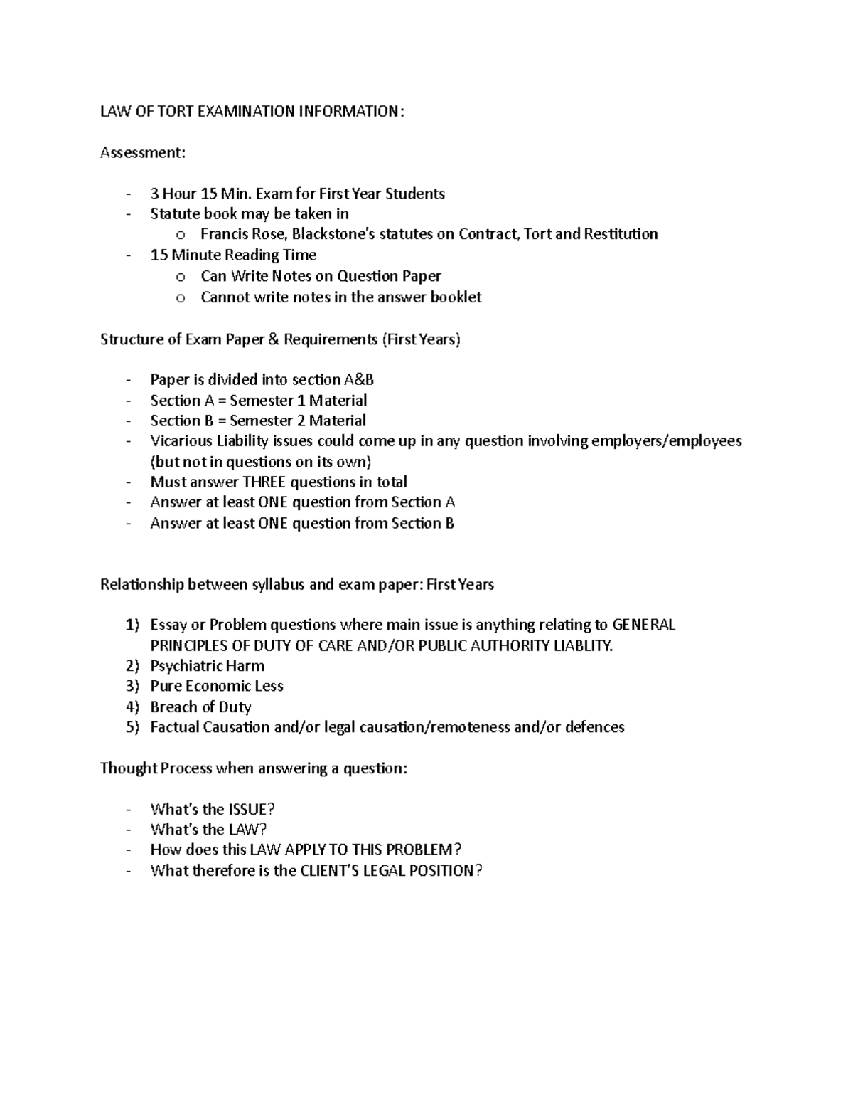 LAW OF TORT Examination Information - LAW OF TORT EXAMINATION ...