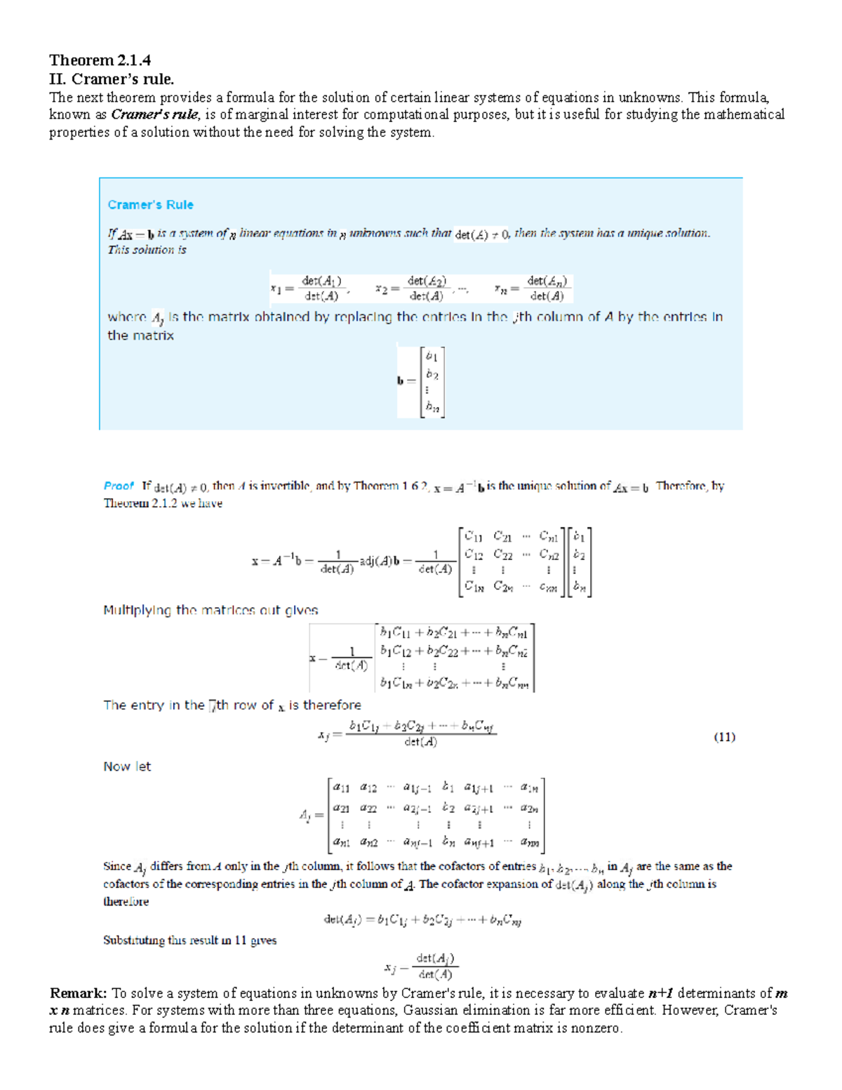 Btl ĐSTT - linear algebra project - Theorem 2. II. Cramer’s rule. The next theorem provides a ...