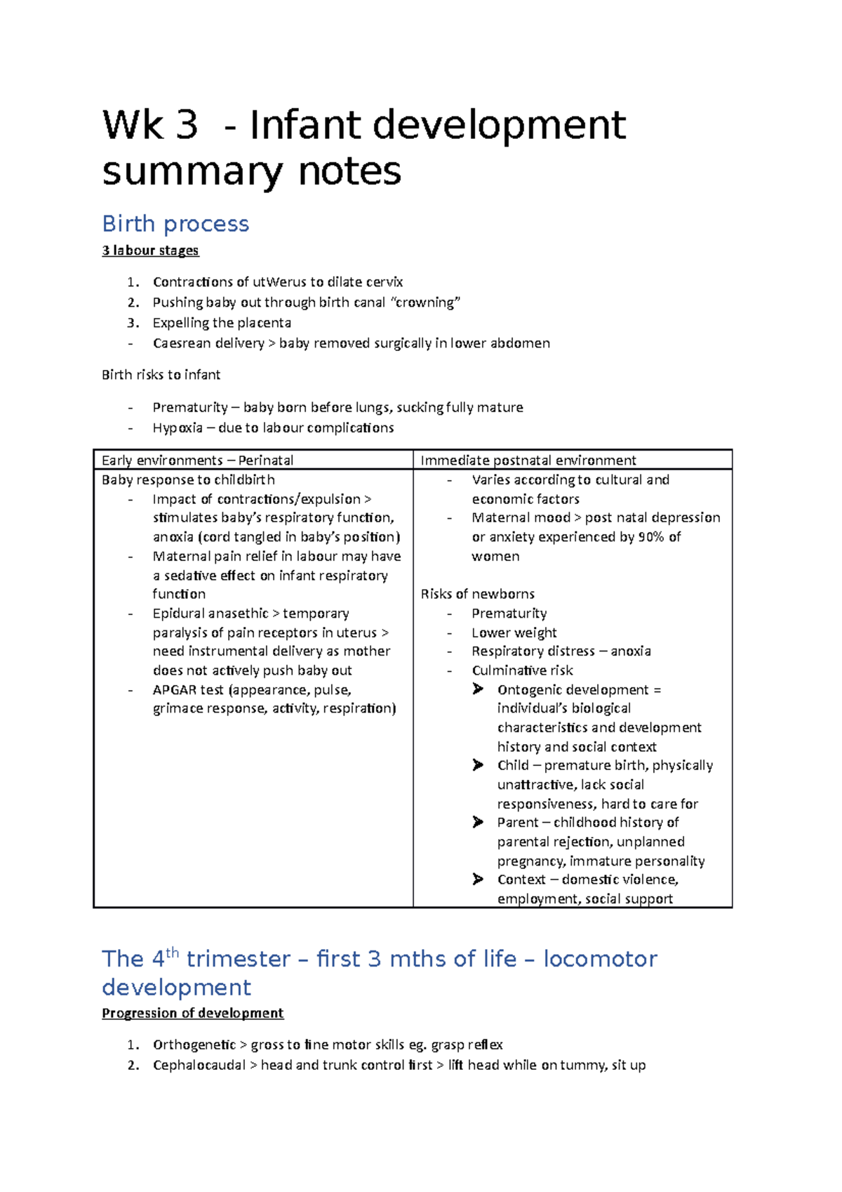 Lecture summary notes develop psych - Wk 3 - Infant development summary ...