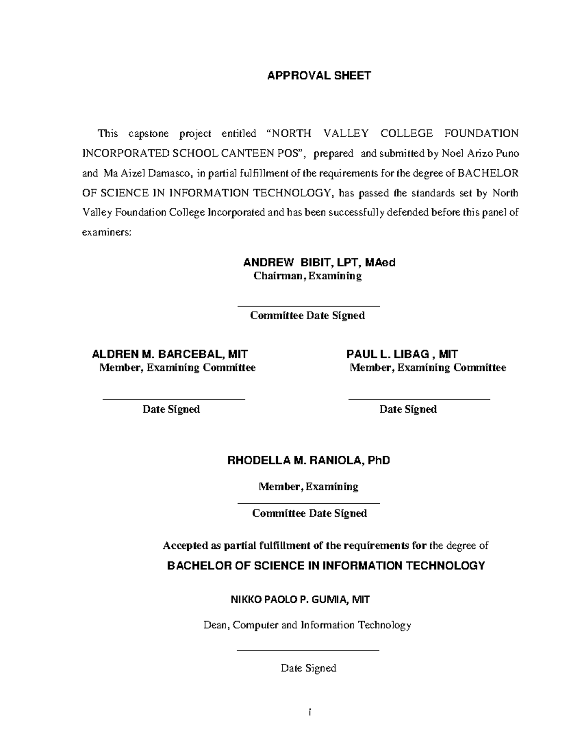 BSIT-PUNO- Damasco COPY 12345 - i APPROVAL SHEET This capstone project ...