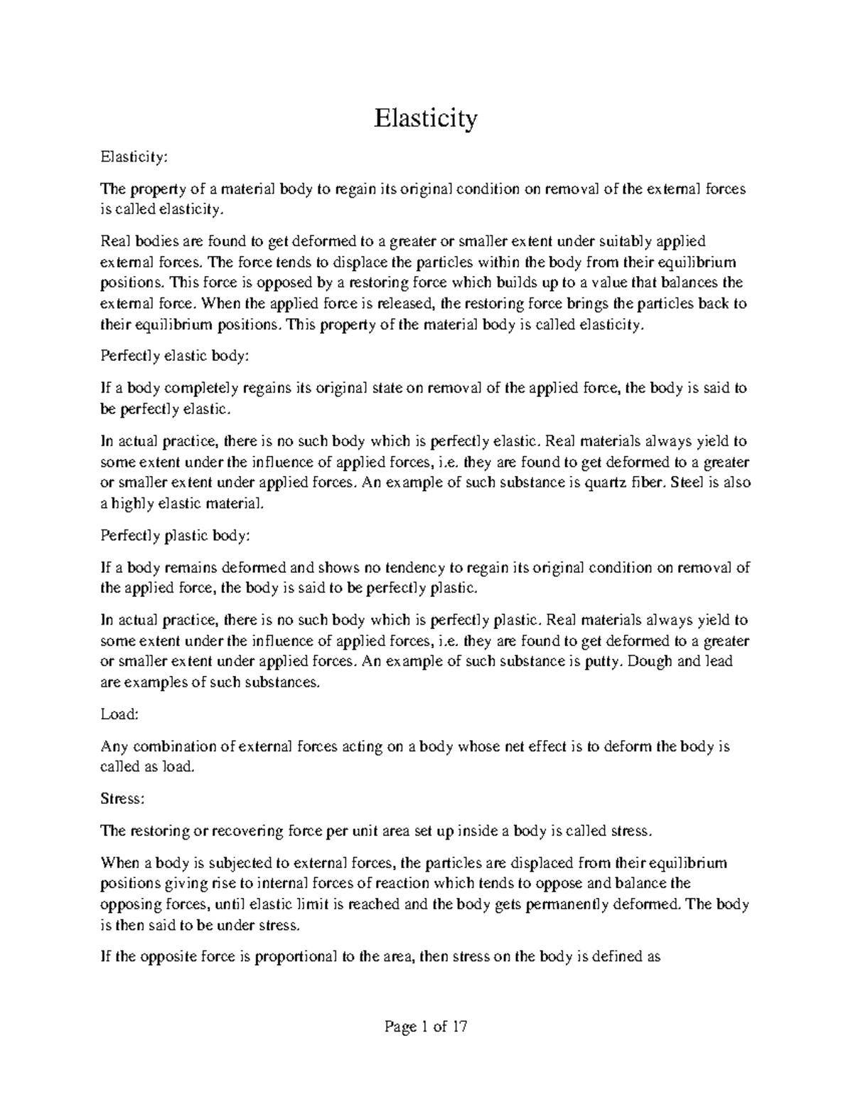 Elasticity PDF - Elasticity Elasticity: The property of a material body ...