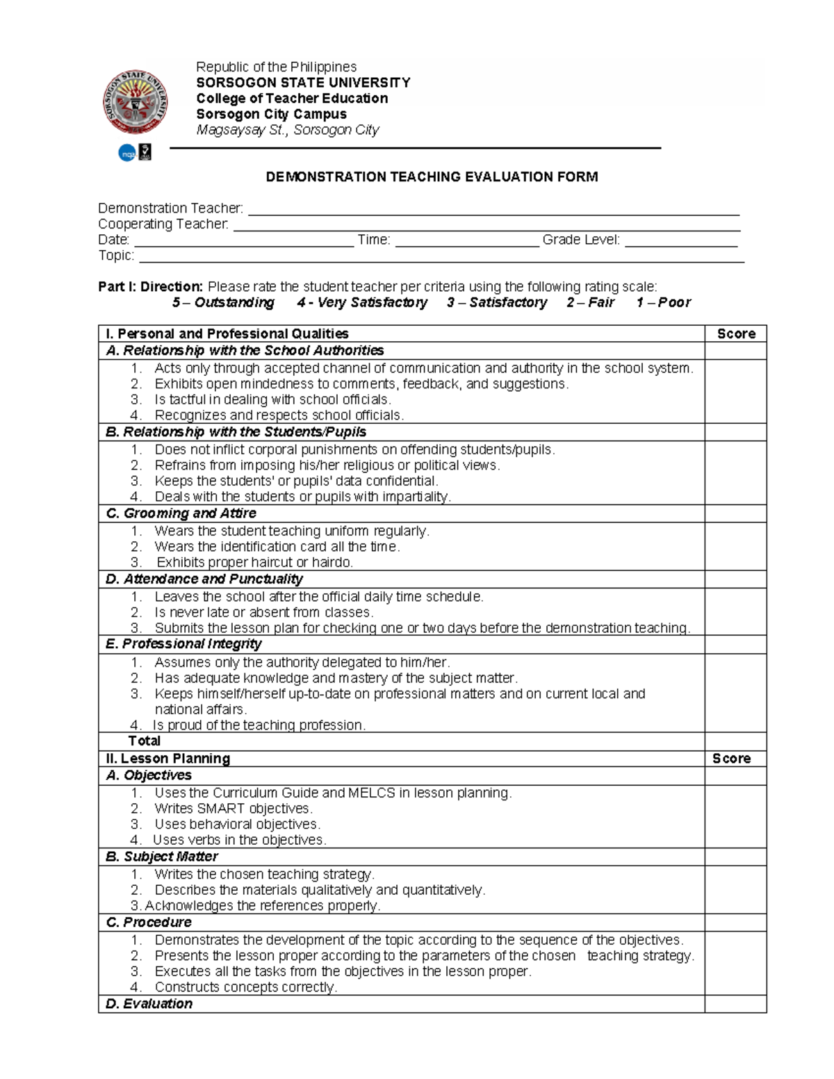Demo Teaching Evaluation Form - Republic of the Philippines SORSOGON ...