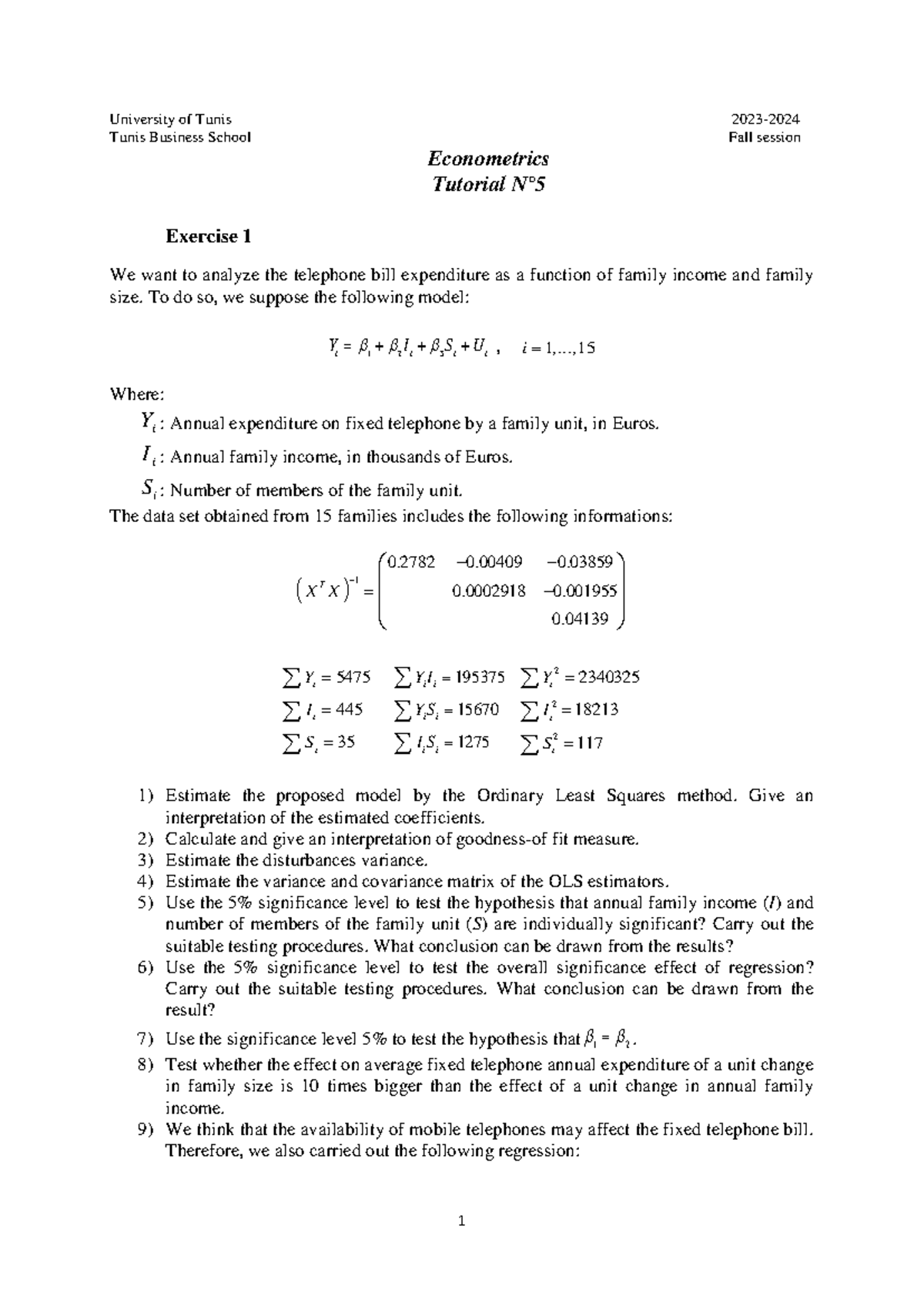 Tutorial-5-Eco - Tutorial 5 solution - 1 University of Tunis 2023 ...