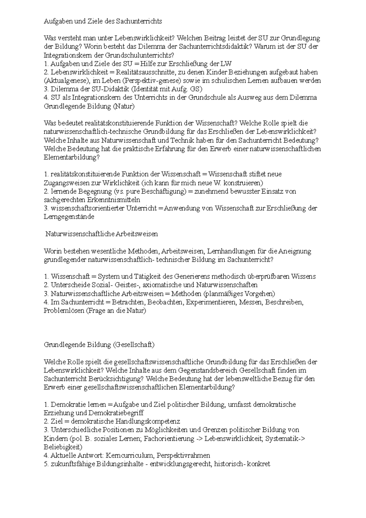 Klausur Wintersemester 2012/2013, Fragen und Antworten - Aufgaben und Ziele des Sachunterrichts ...
