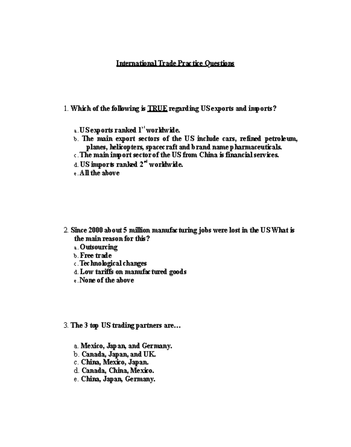 Practice questions - trade - no solutions - International Trade ...