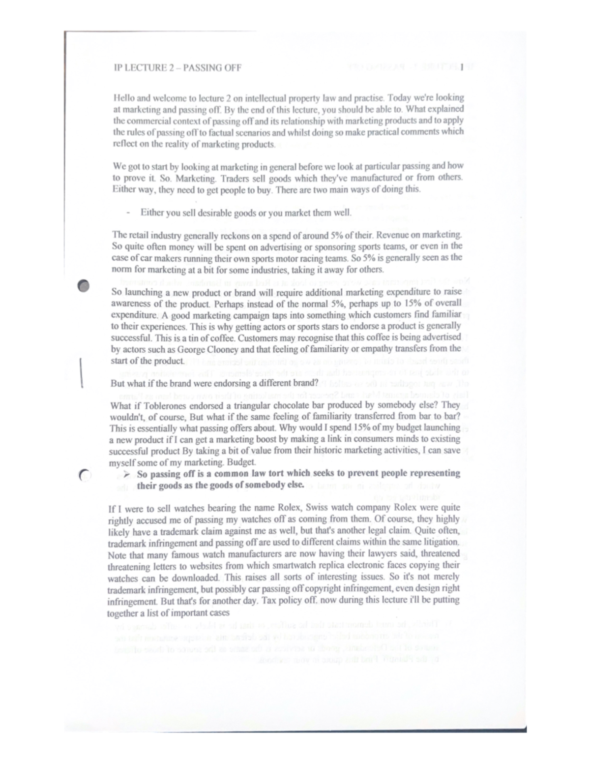 Intellectual property Lecture 2 transcript- Passing OFF - Studocu
