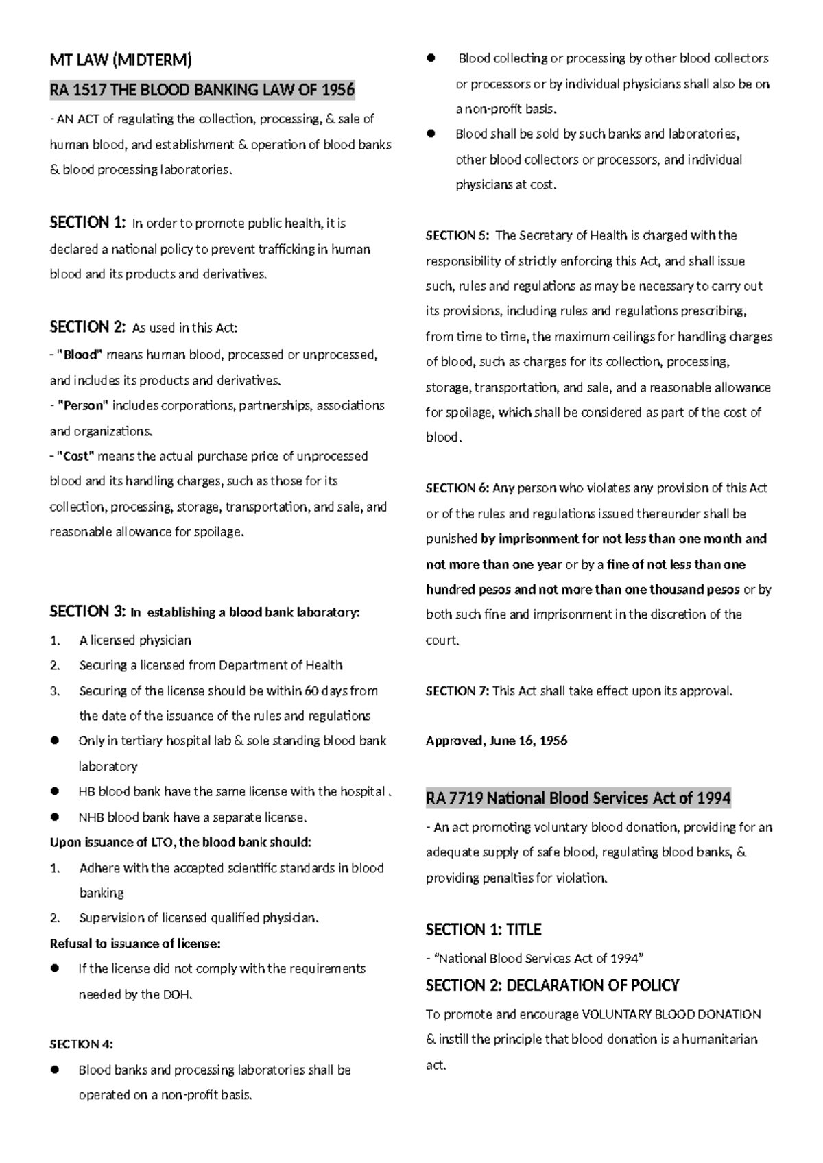 MT-LAW RA1517 RA7719 - MT LAW (MIDTERM) RA 1517 THE BLOOD BANKING LAW ...