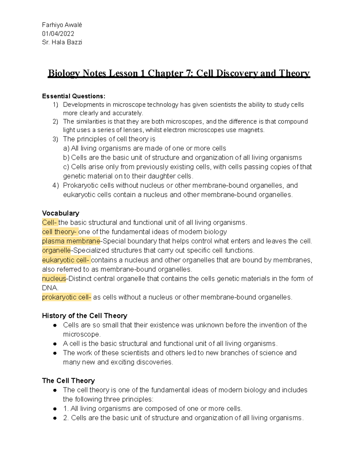 Biology Notes 7 - sss - Farhiyo Awalé 01/04/ Sr. Hala Bazzi Biology ...
