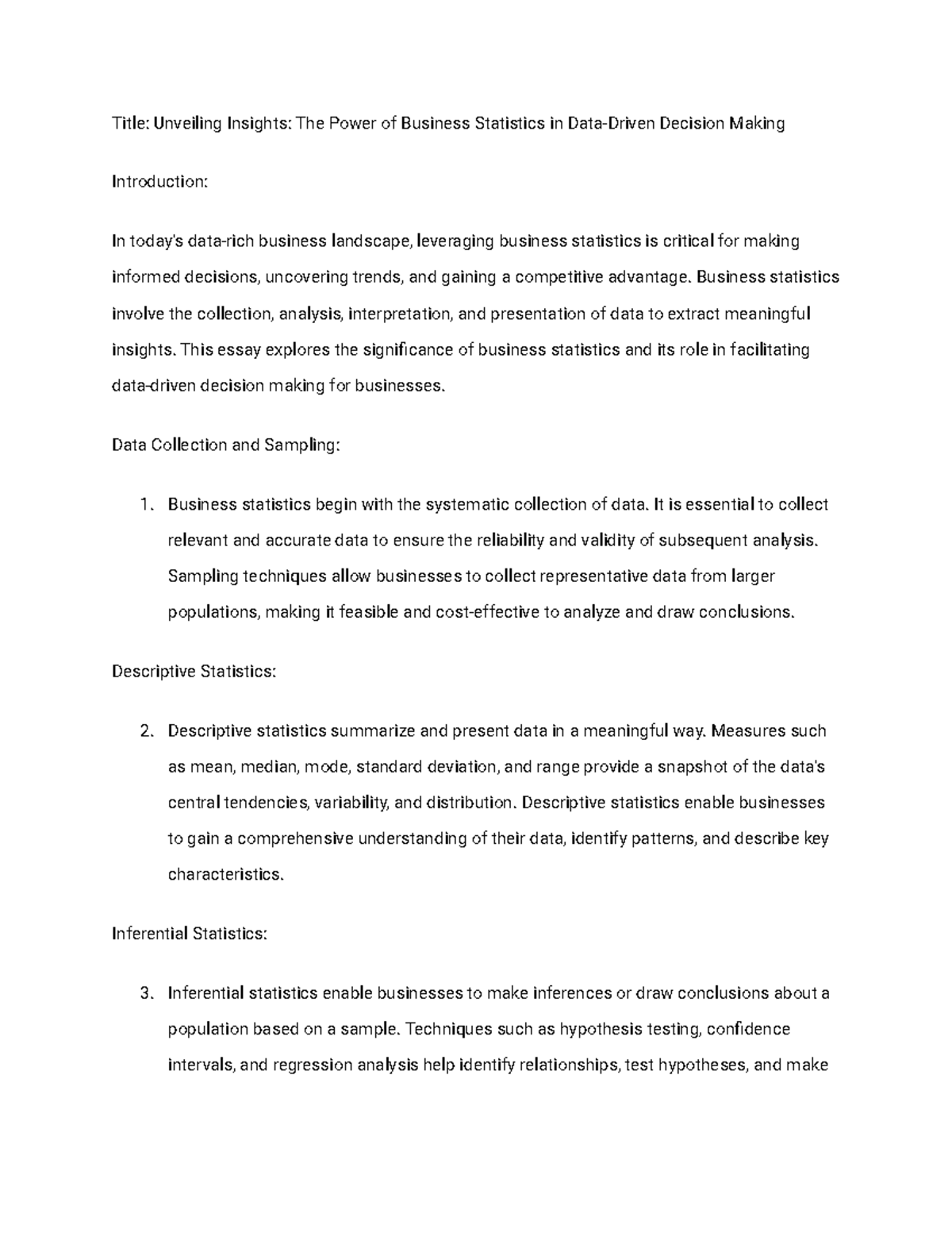 Business Statistics essay - Title: Unveiling Insights: The Power of ...