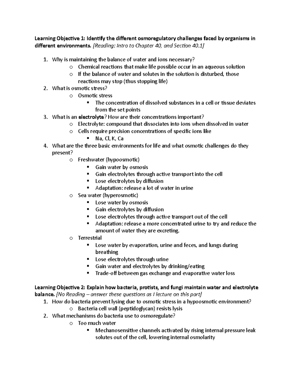 BIO 212- Class 8 Assignment - Learning Objective 1: Identify the different osmoregulatory ...