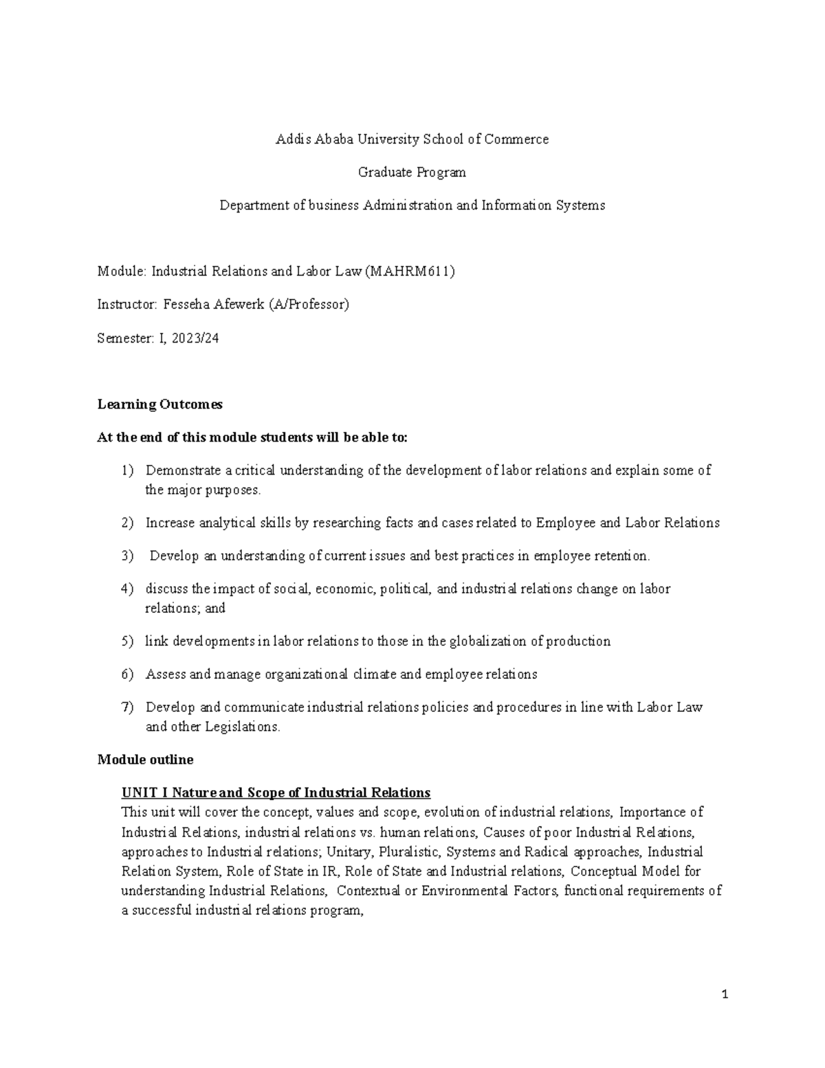 Mahrm 611 Industrail Relations and Labor Law Module outline Nov. 2022 ...